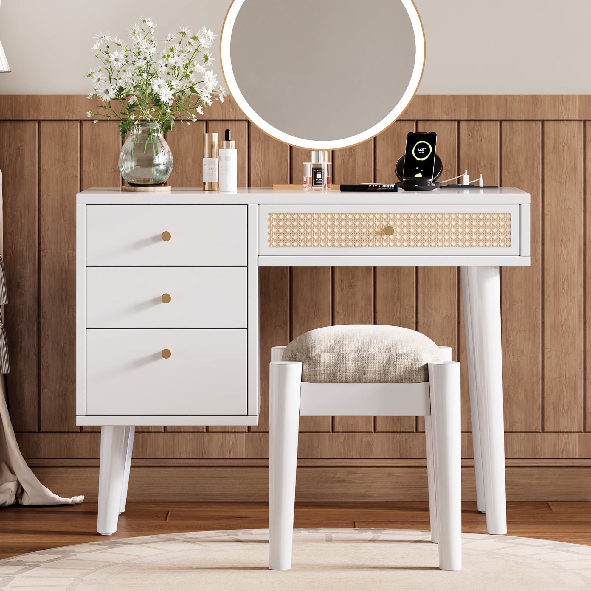 White Wooden Dressing Vanity - 4 Drawers, Retro Bohemian, Charging Plug & , Framework Bohemian ...