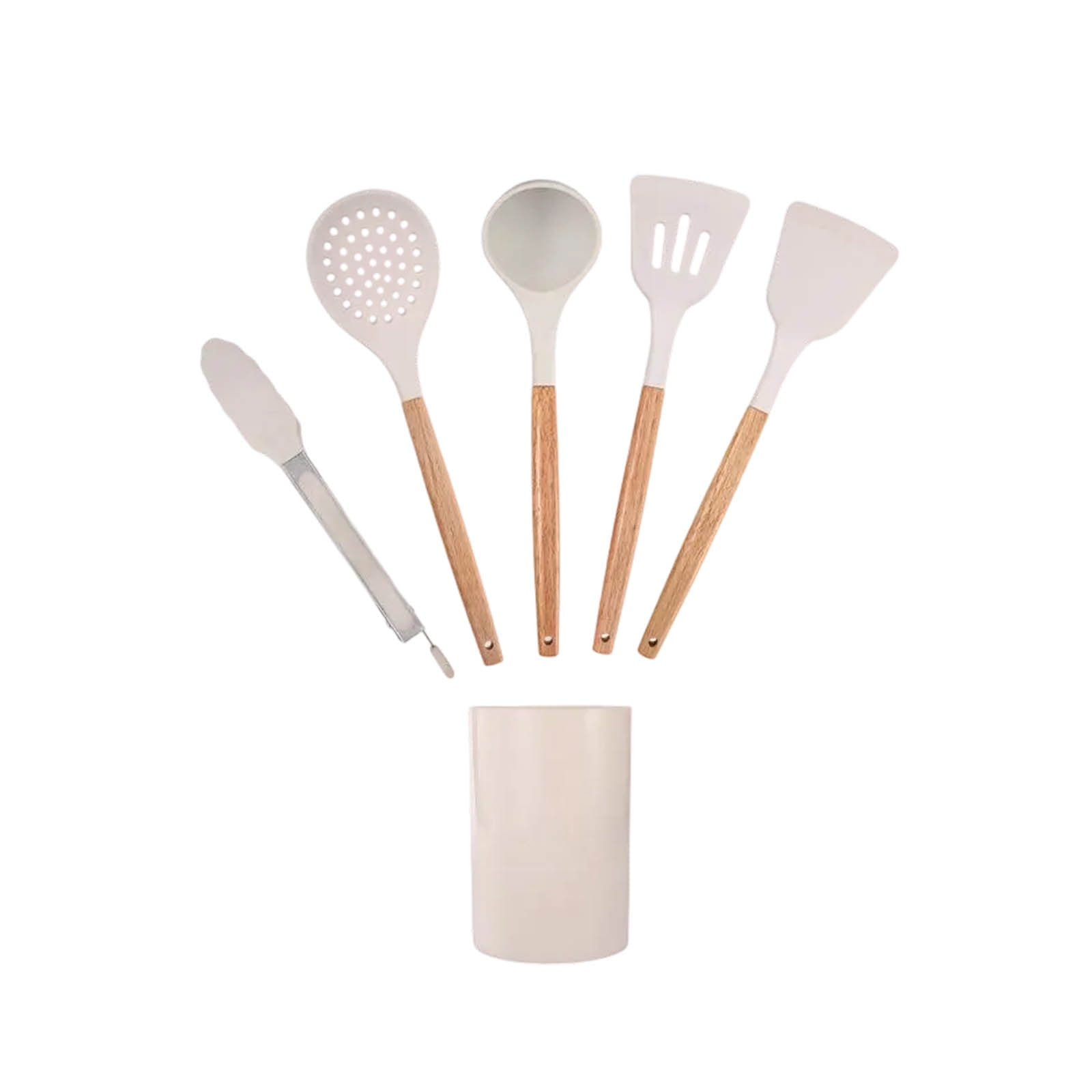 White Wooden Handle Silicone Kitchen Utensil Set6-Piece Non-Stick Cooking Tools with Stainless ...