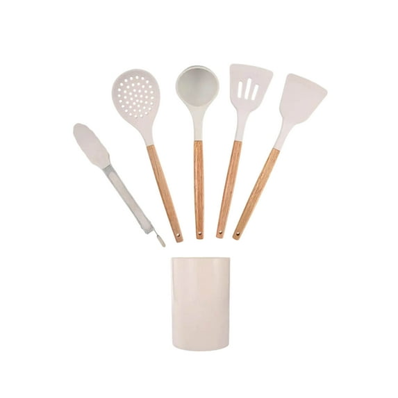 White Wooden Handle Silicone Utensils - 5-Piece Heat Resistant Non ...