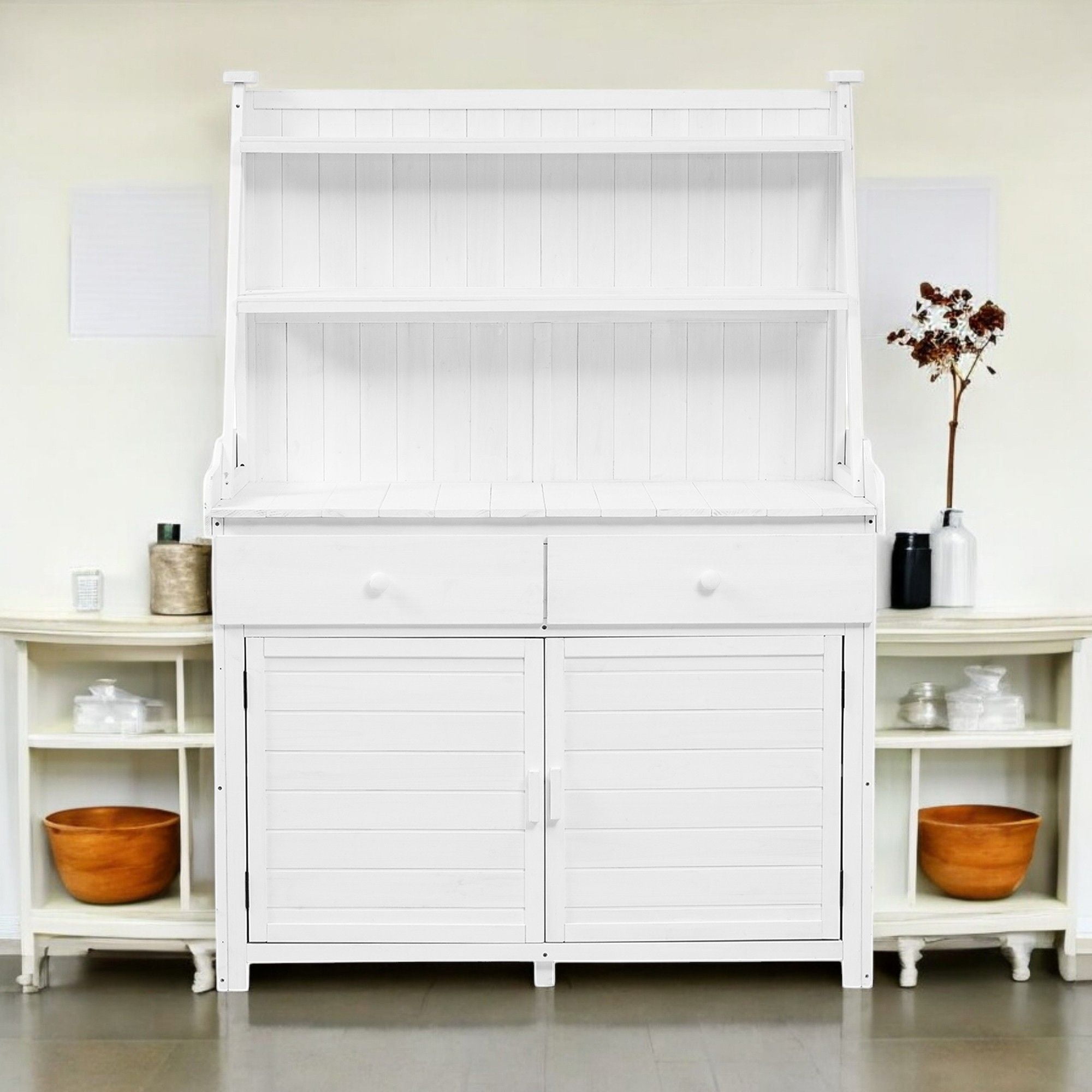 White Wooden Hutch Cabinet with Open Shelves and Storage - White ...