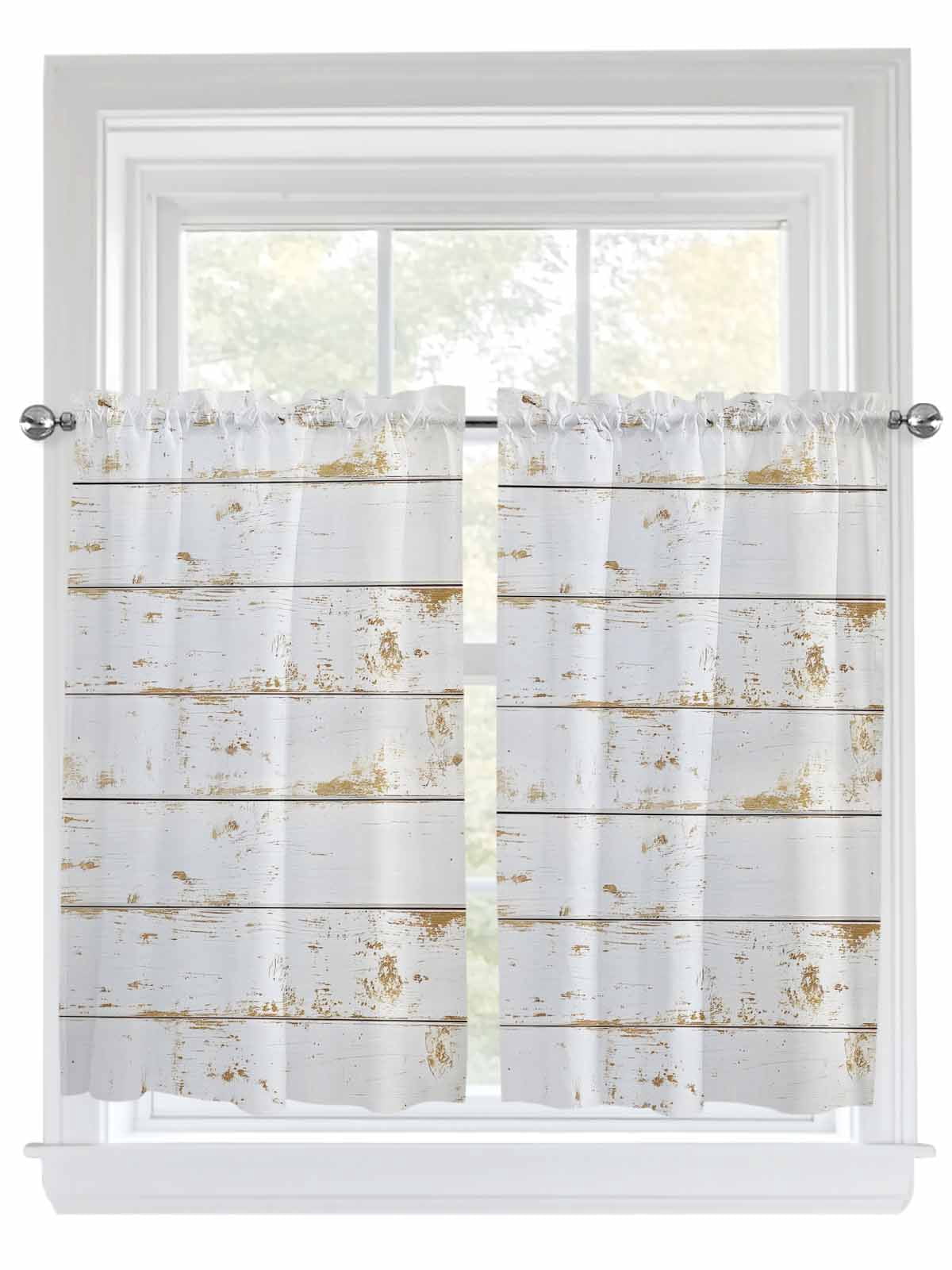 White Wooden Plank Living Room Curtains 2 Panel, Country Vintage ...