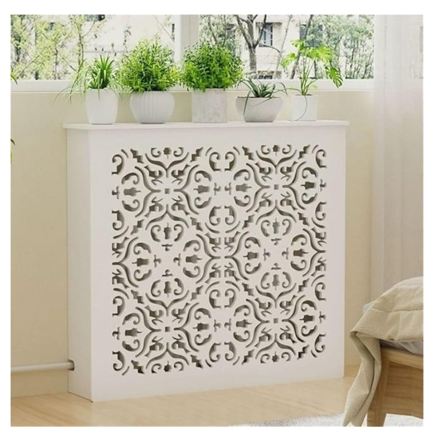 White Wooden Radiator Cover with Floral Design, Decorative Heating ...