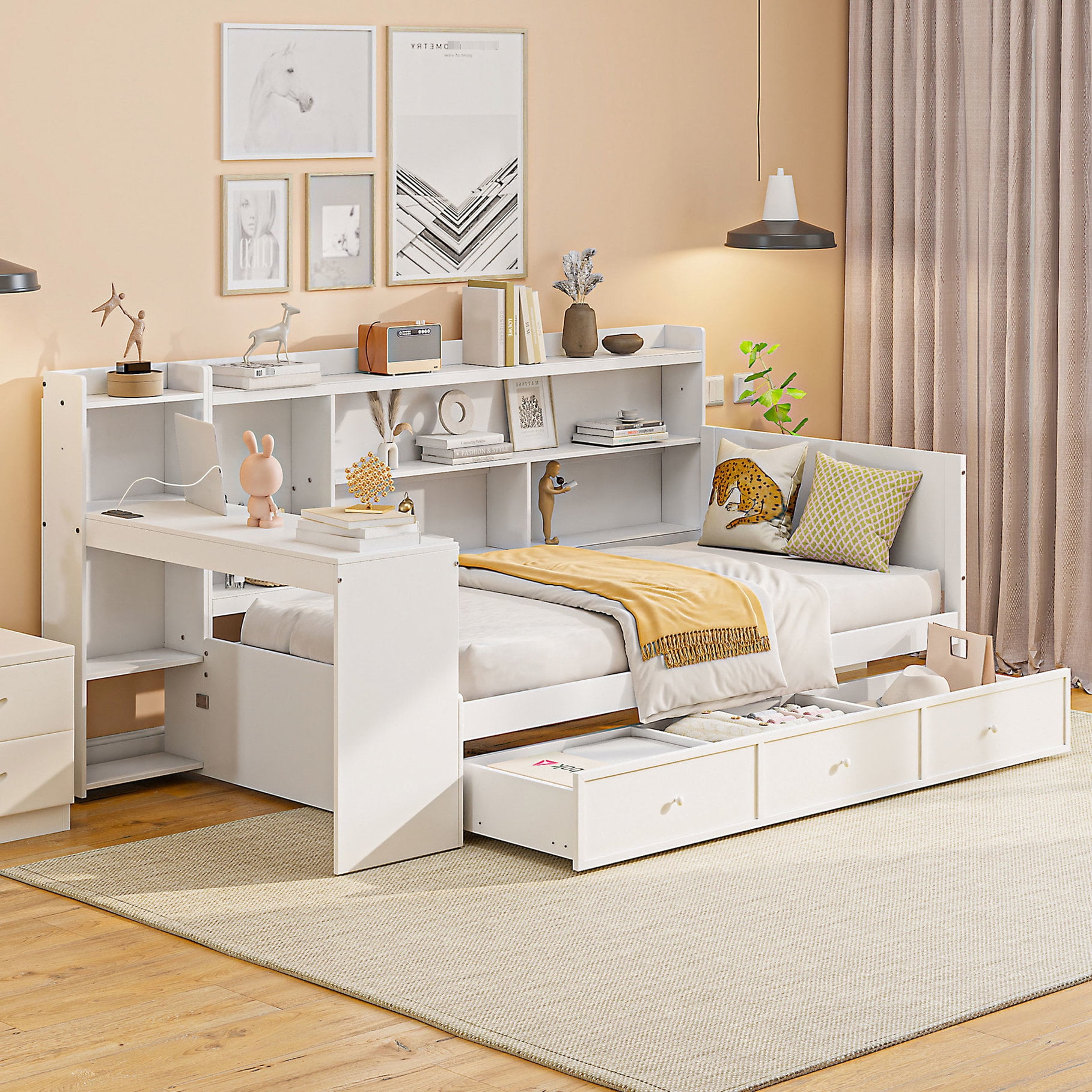 White Wooden Twin Size Daybed | Storage Drawers and Compartments ...