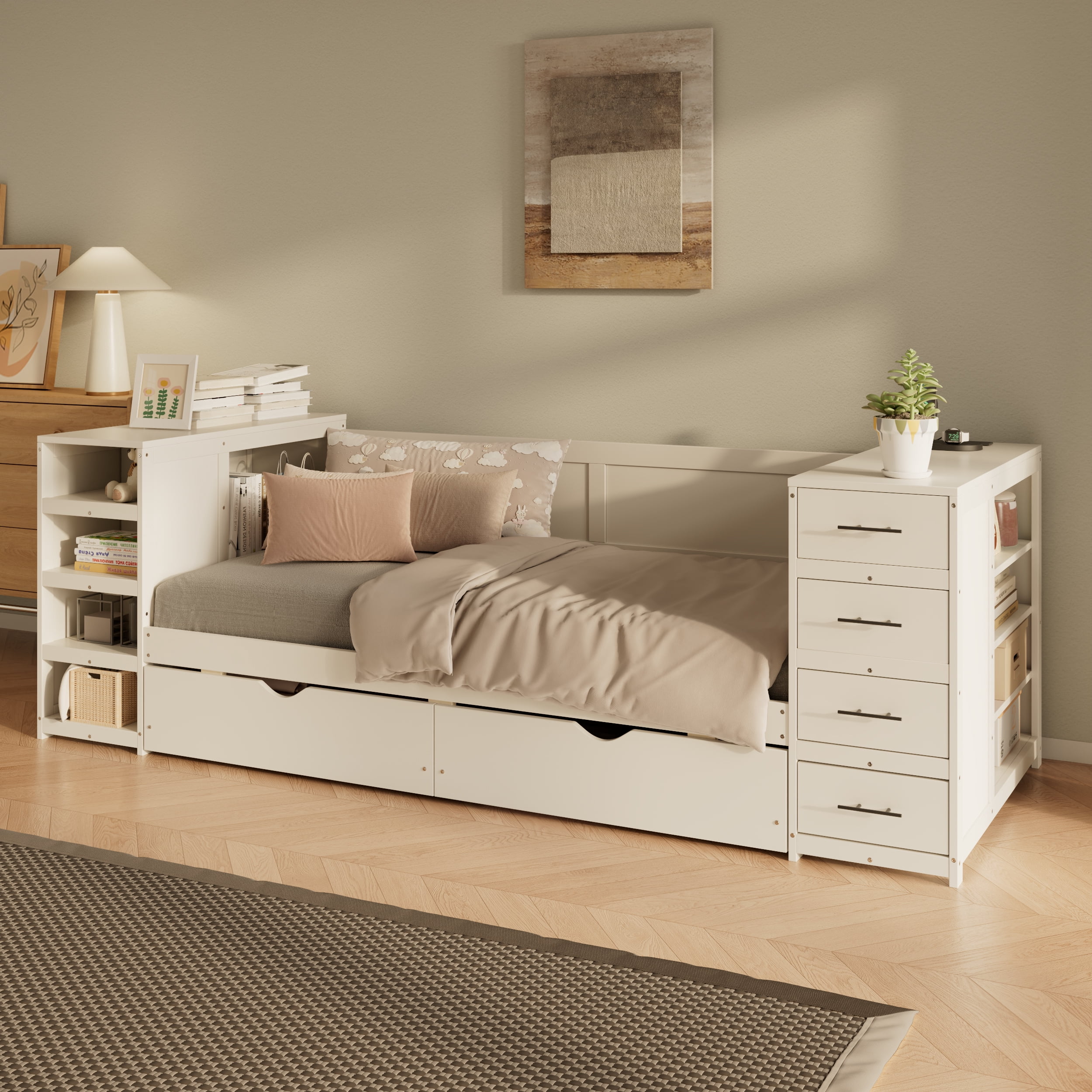 White Wooden Twin Size Daybed with Side Shelves & Drawers, Storage Bed ...