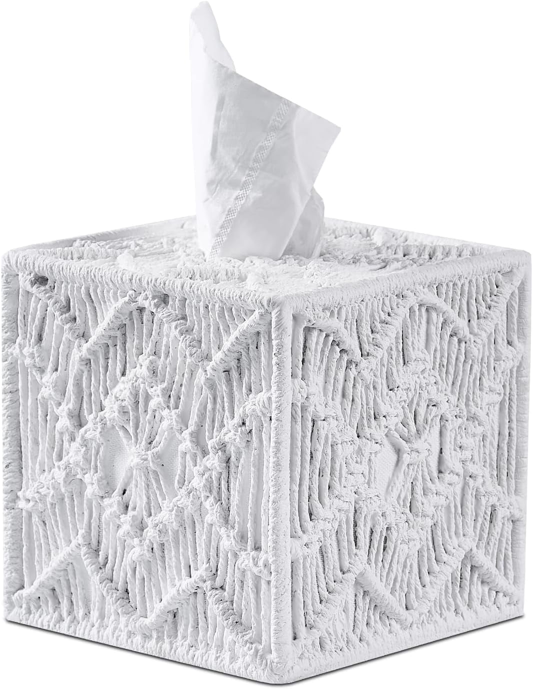 White Woven Macrame Boho Tissue Box Cover Square for Home Decor,Resin ...