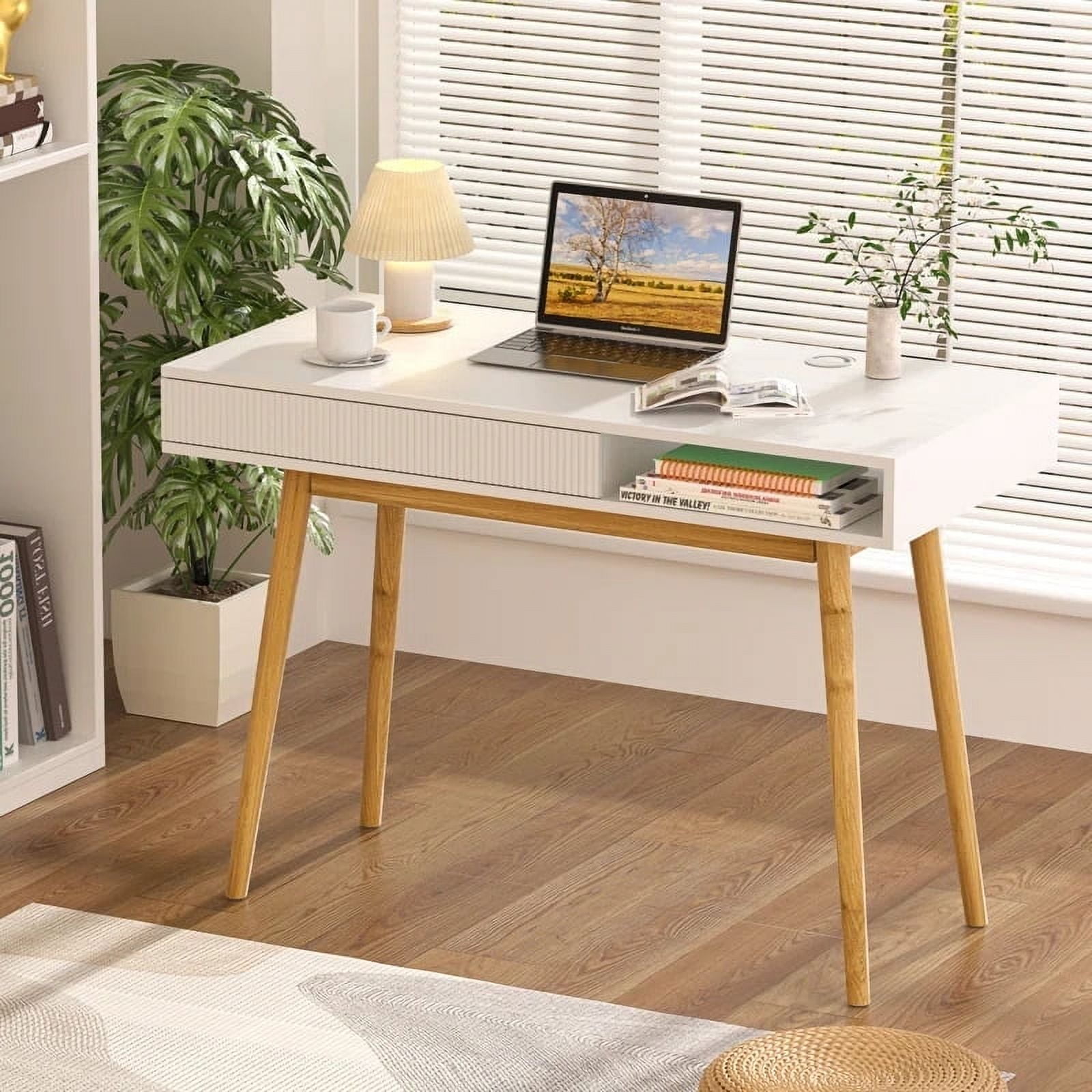 UPGO 42.5 White Mid Century Modern Writing Desk with Drawer Small Computer Desk for Home Office