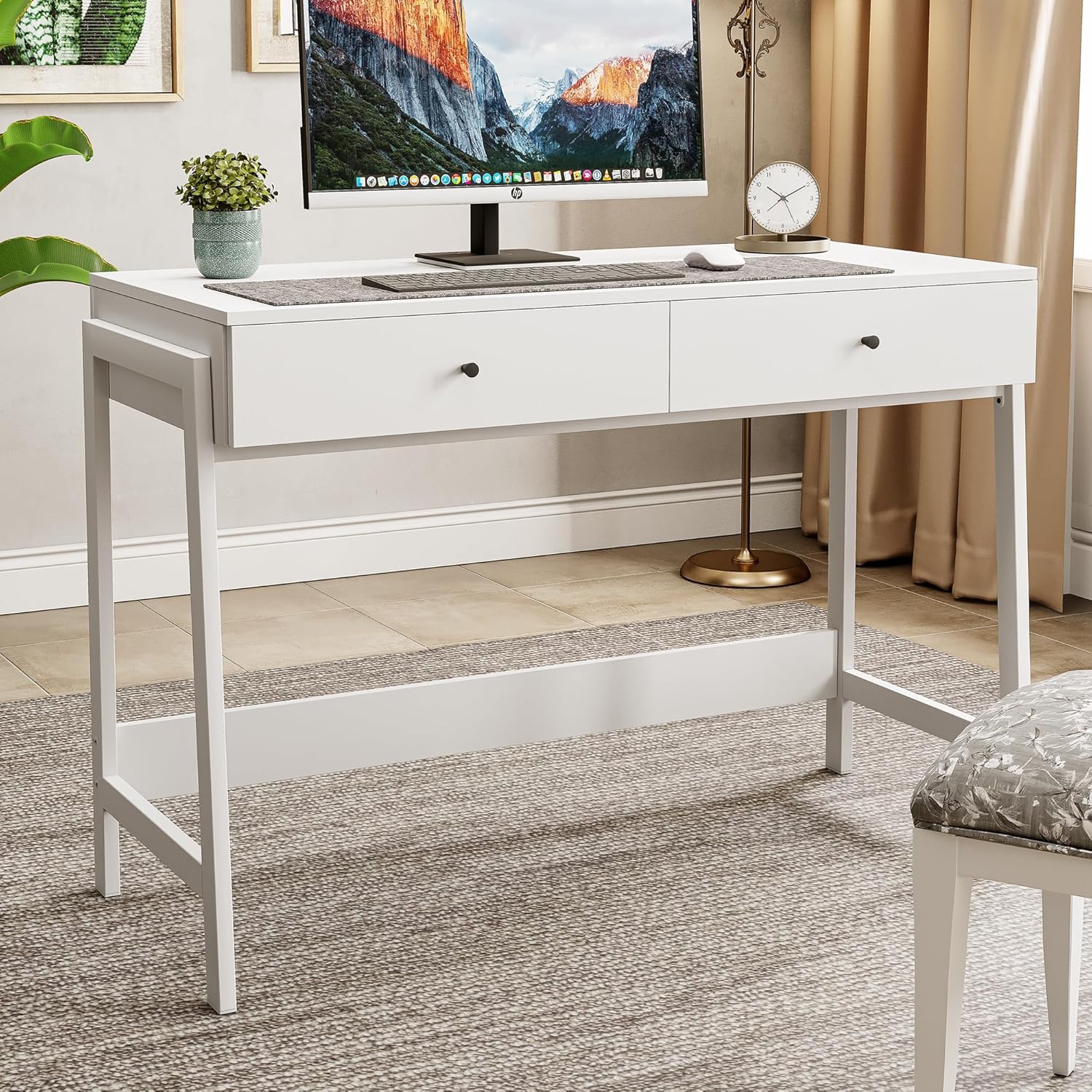 White Writing Desk with Drawers for Study Home Office 43 inch Simple ...