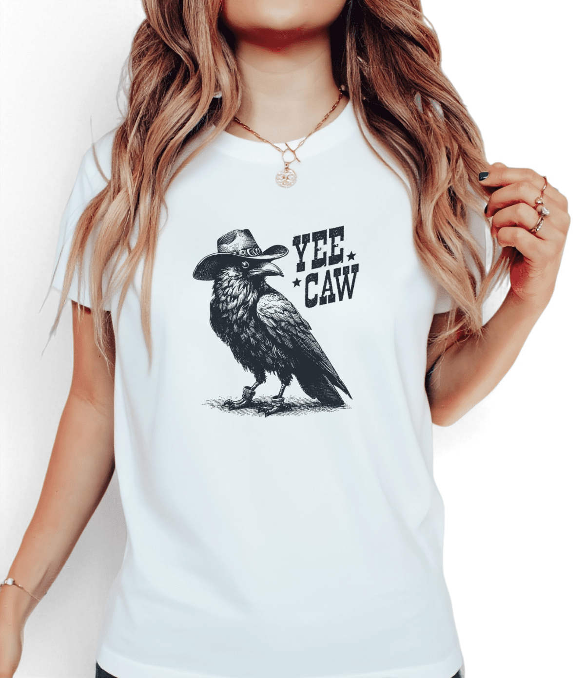 White Yee Caw Cowboy Crow Graphic Tees Print Tshirt Casual Shirts For ...