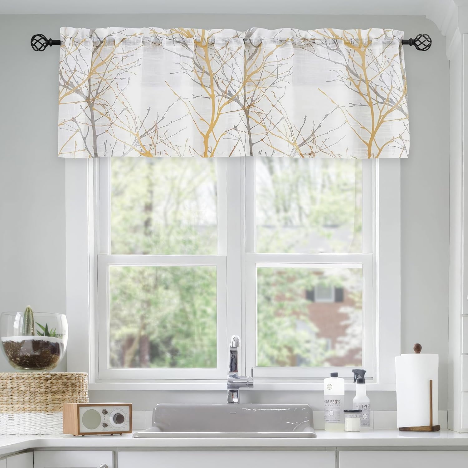 White Yellow Window Valance Curtain for Living Room 18 Inches Long Grey Branch Print Valance for ...