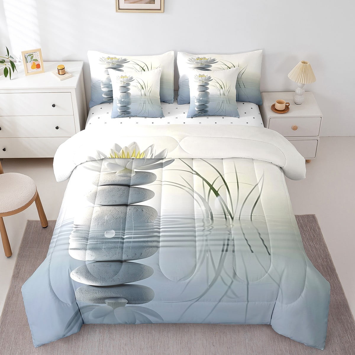 White Zen Stone Bed In A Bag Botanical Decor Comforter 7 Pieces,Lake ...