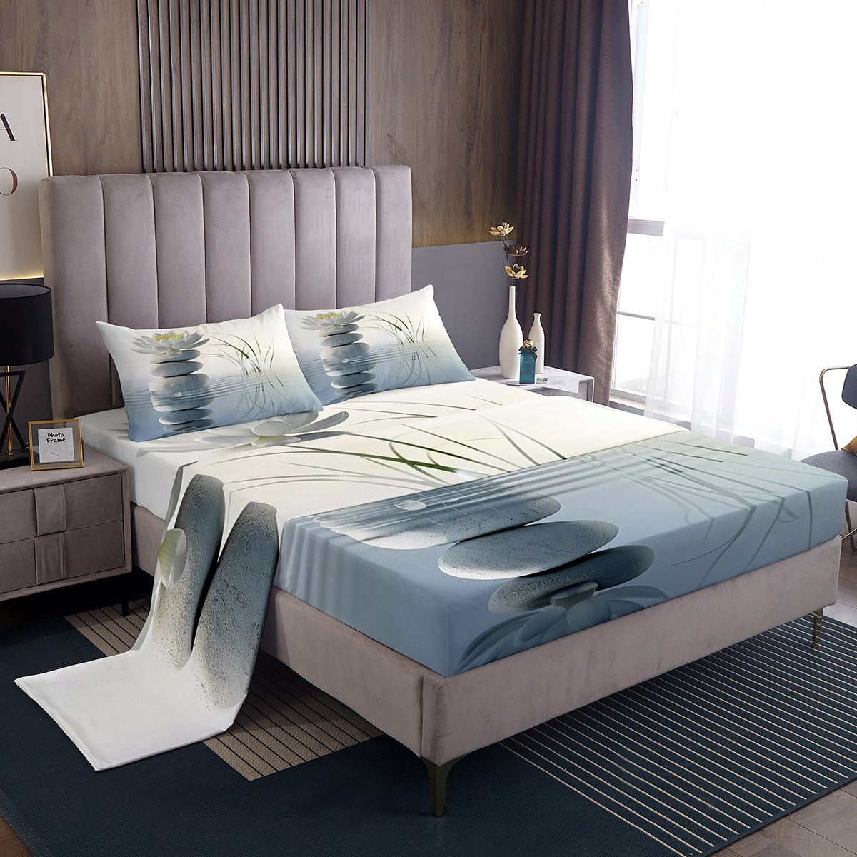 White Zen Stone Bed Sheets Set Botanical Decor Sheet Set,Lake King ...