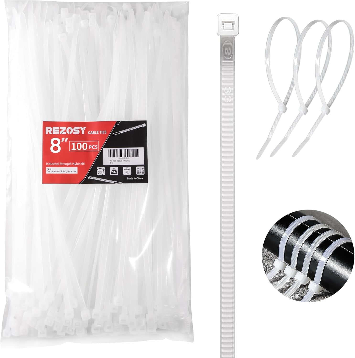 White Zip Ties 8 Inch 100 Pack Clear Tensile Strength 40 lbs UV ...