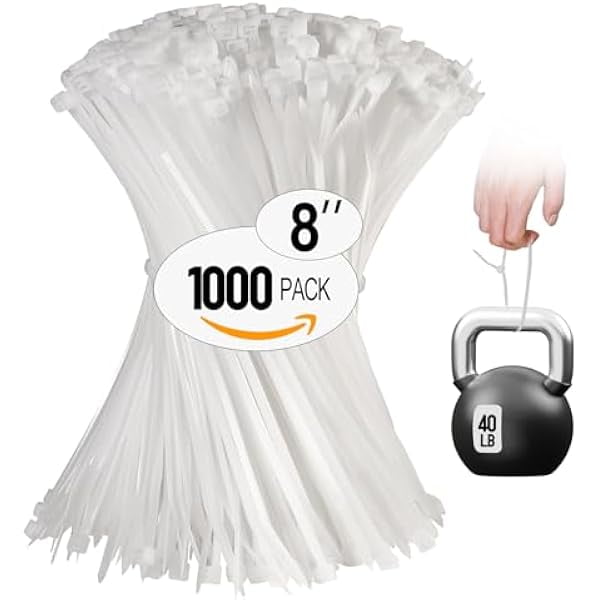 White Zip Ties 8 Inch 1000 Pack Clear Tensile Strength 40 lbs UV ...