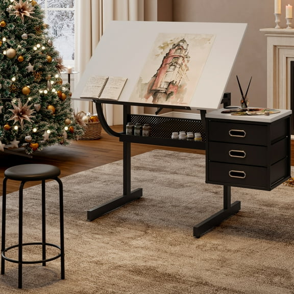 Adjustable Drawing & Drafting Table Desk with 2 Drawers + Stool - White ...