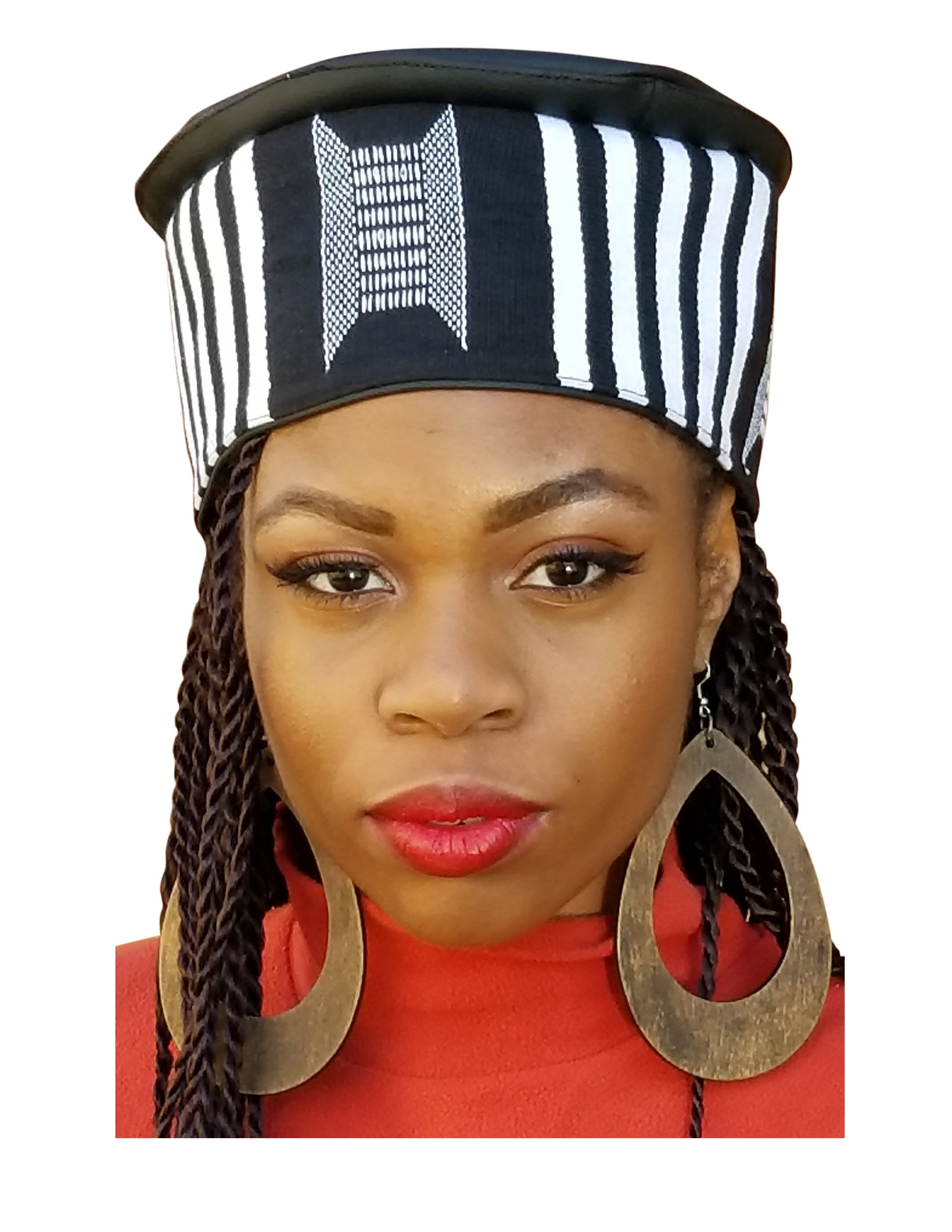 White and Black African Hand Woven Kente Kufi Hat with Faux Leather ...