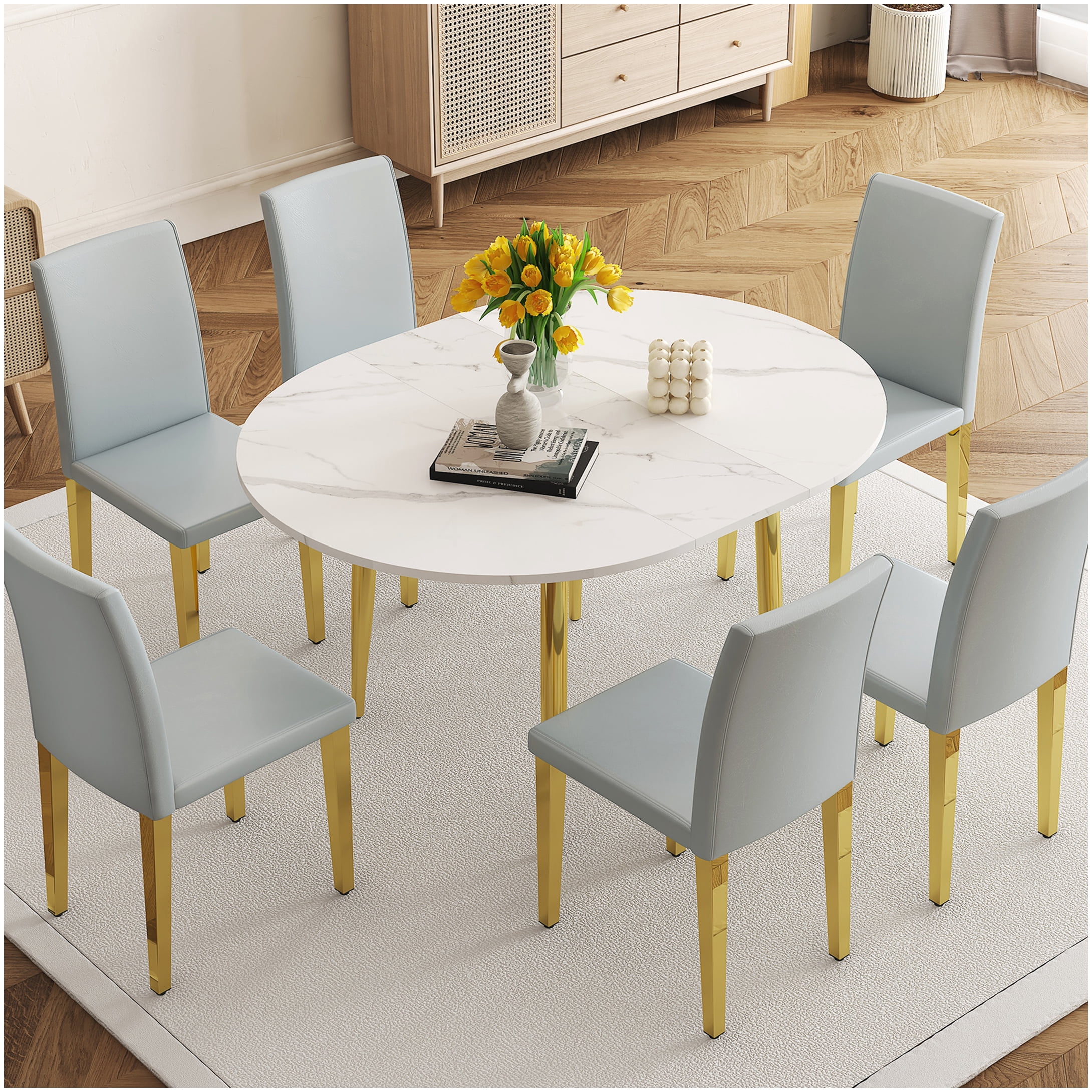 White and Gold Extendable Dining Table Set with 6 Gray Chairs, Oval ...