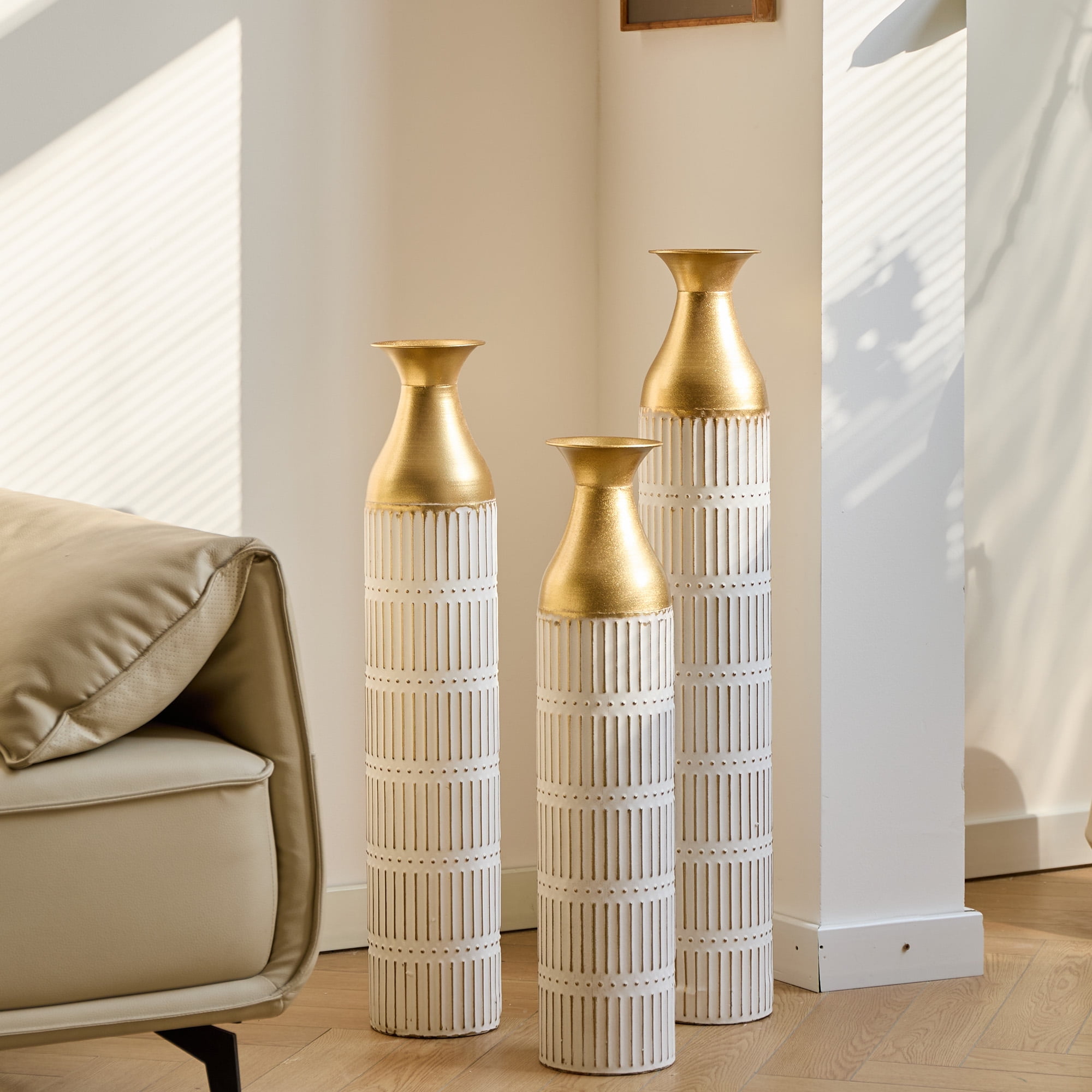 White and Gold Floor Vase, Large Metal Floor Vase with Embossed Stripe ...