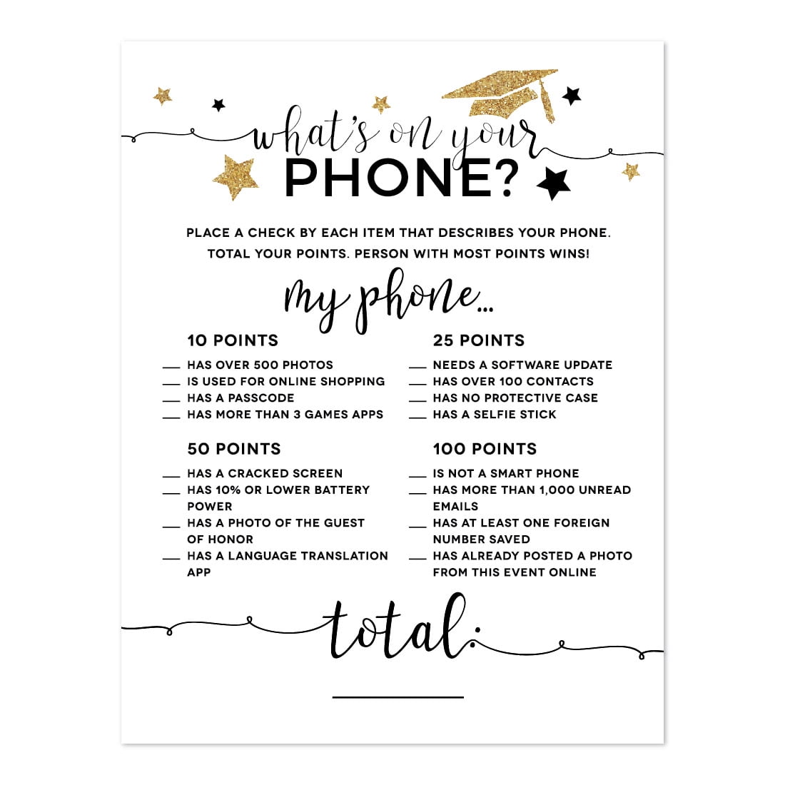 White and Gold Glittering Graduation, What's on Your Phone? Game Cards ...