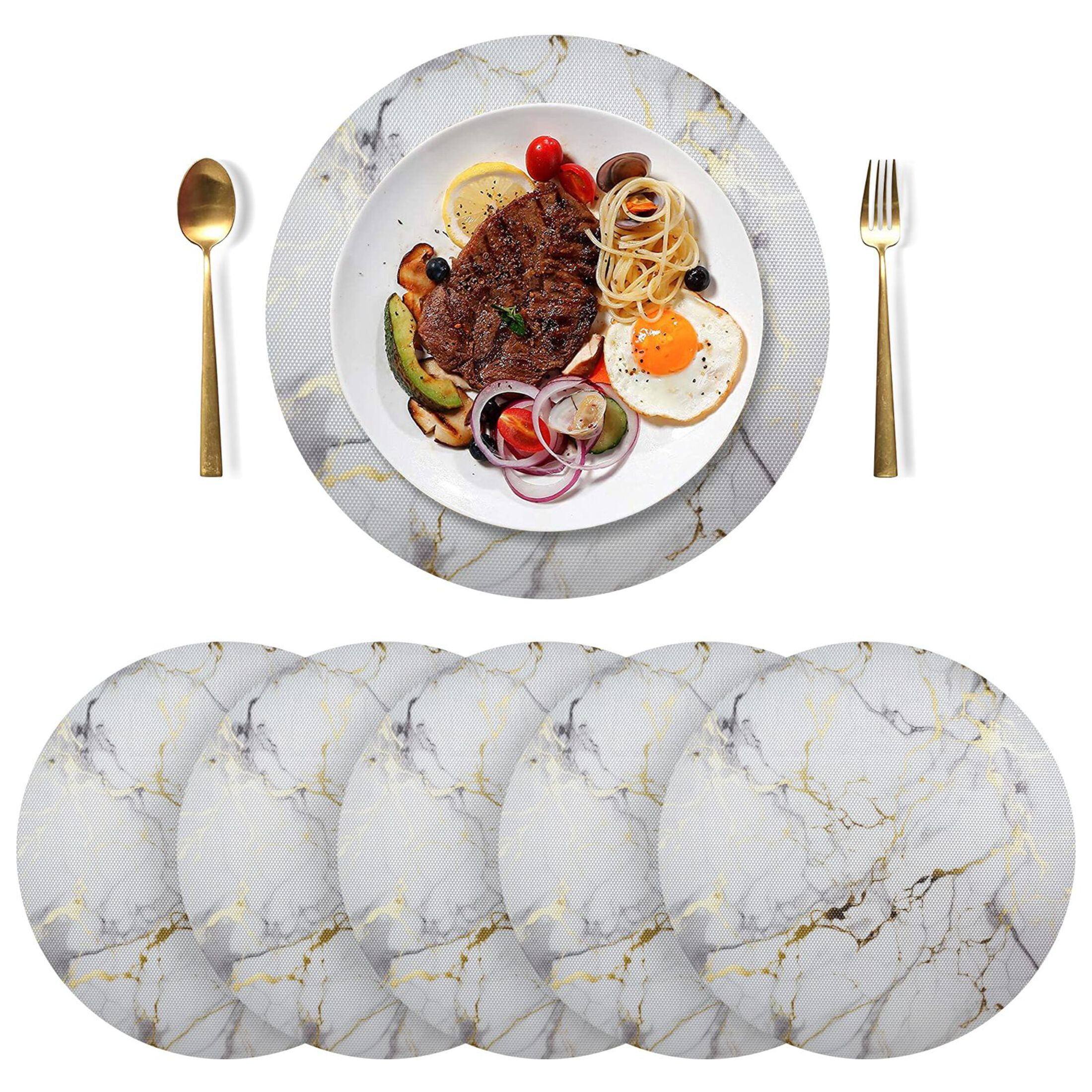 White and Gold Marble Round Plate Mats Non-Slip Place Mat Washable PVC ...