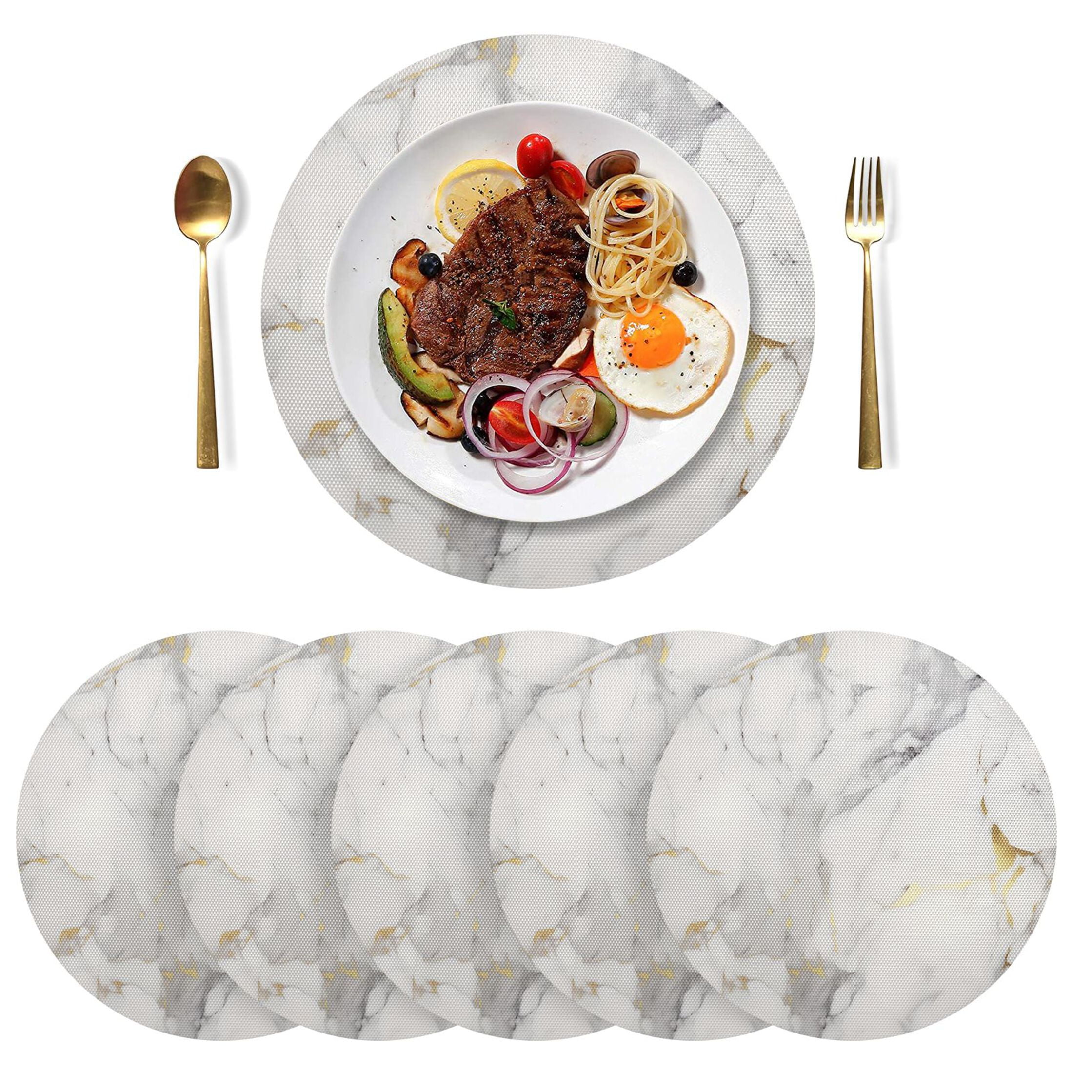 White and Gold Marble Round Plate Mats Non-Slip Place Mat Washable PVC ...