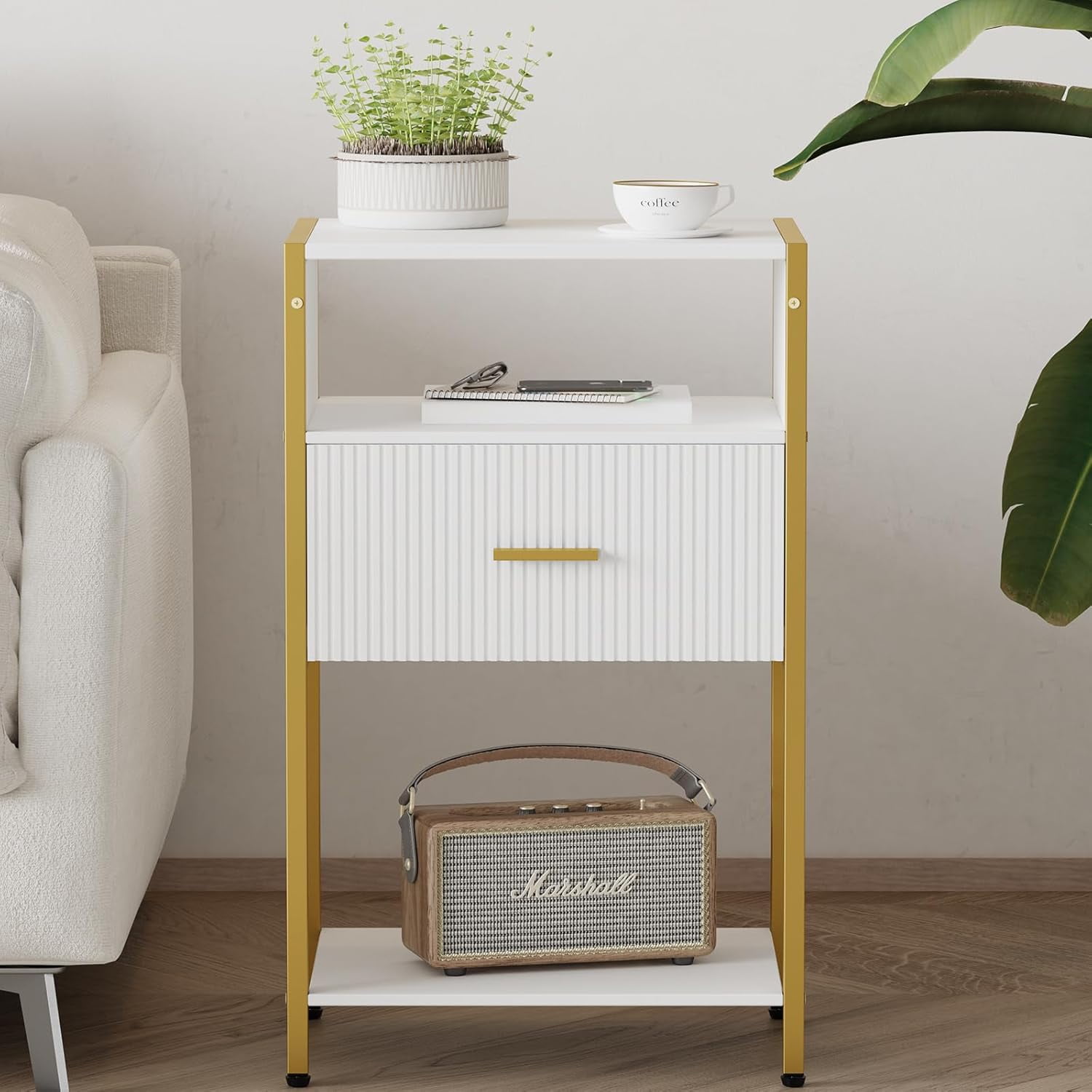 White and Gold Nightstand, Tall Nightstand with Drawer - Walmart.com