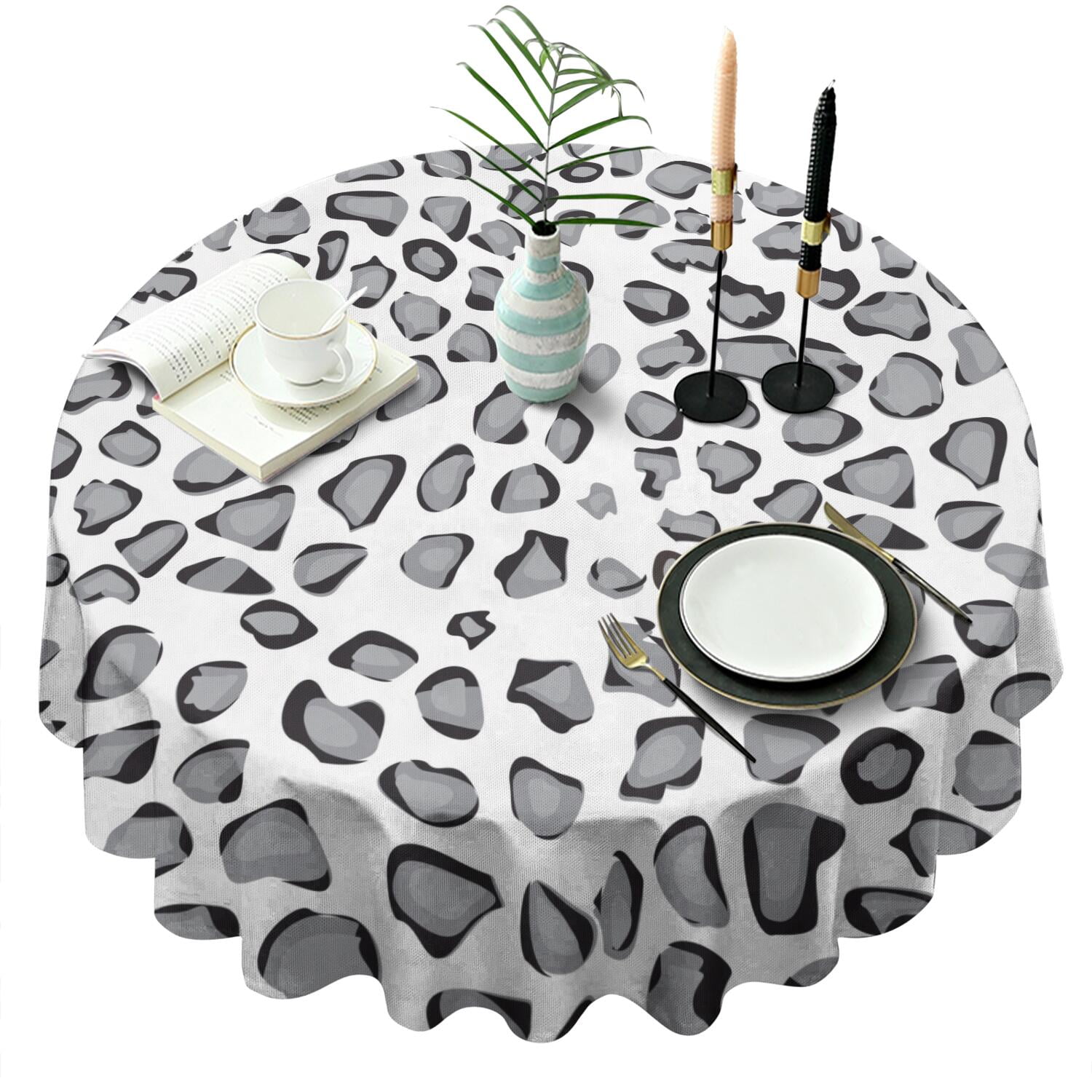 White and Gray Of Leopard Print Round Tablecloth 60"x60",Wrinkle ...