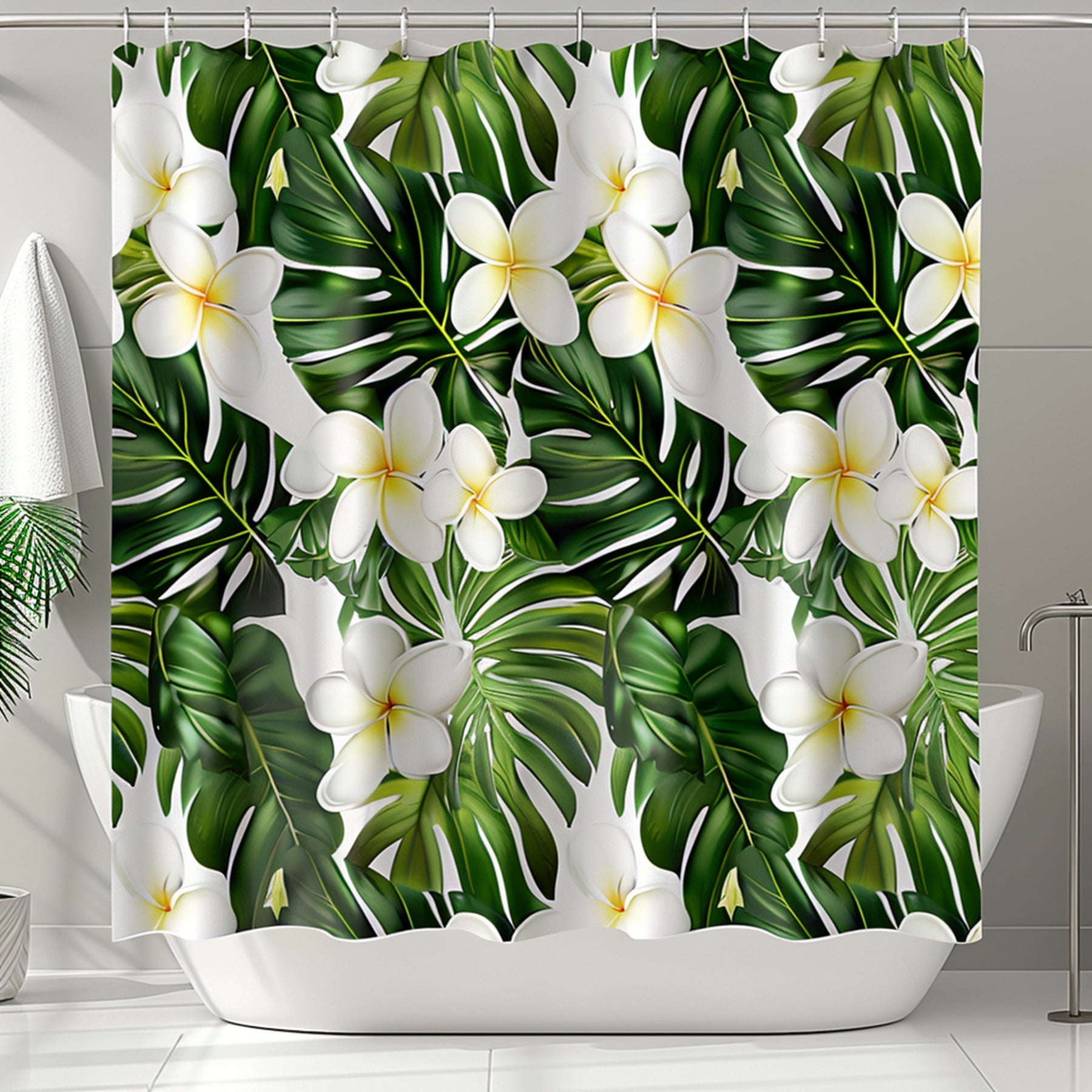 White And Green Tropical Leaves Plumeria Pattern Shower Curtain