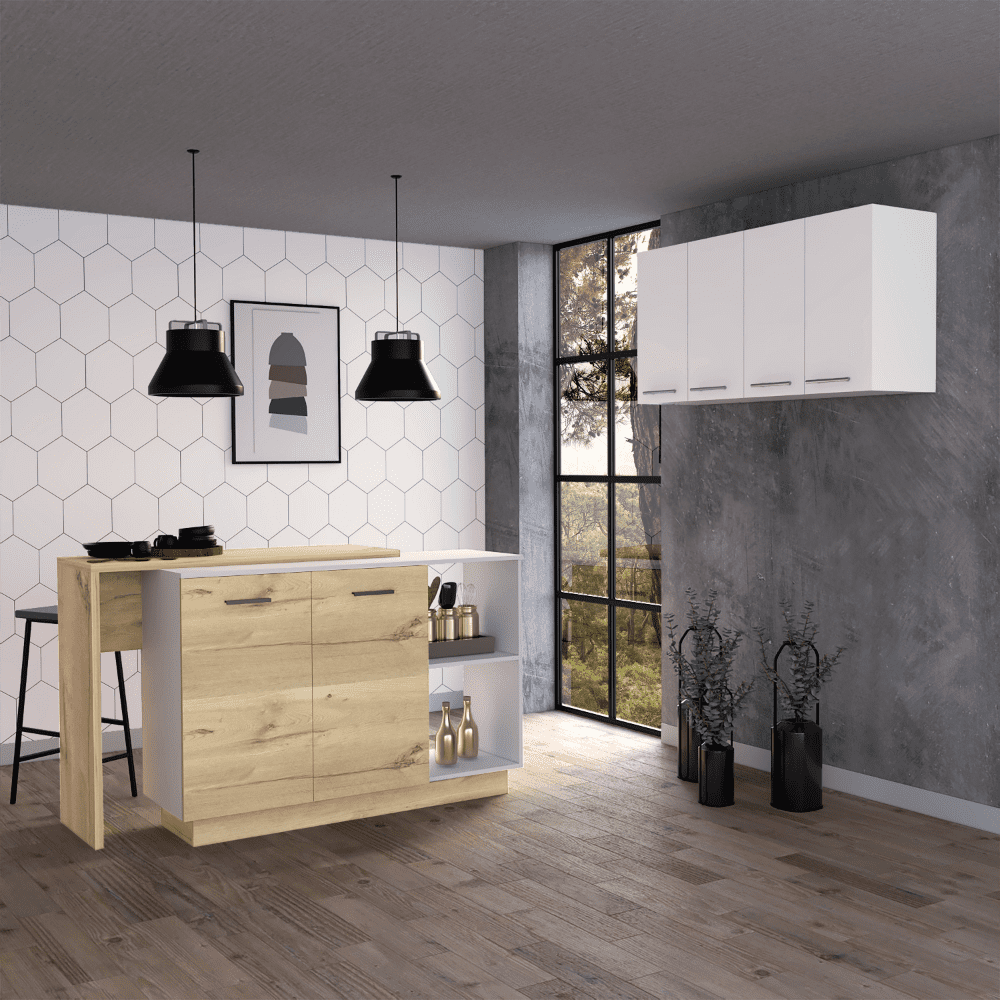 White and Light Oak 4-Shelf 6-Door 2-Piece Kitchen Set,Kitchen Island ...