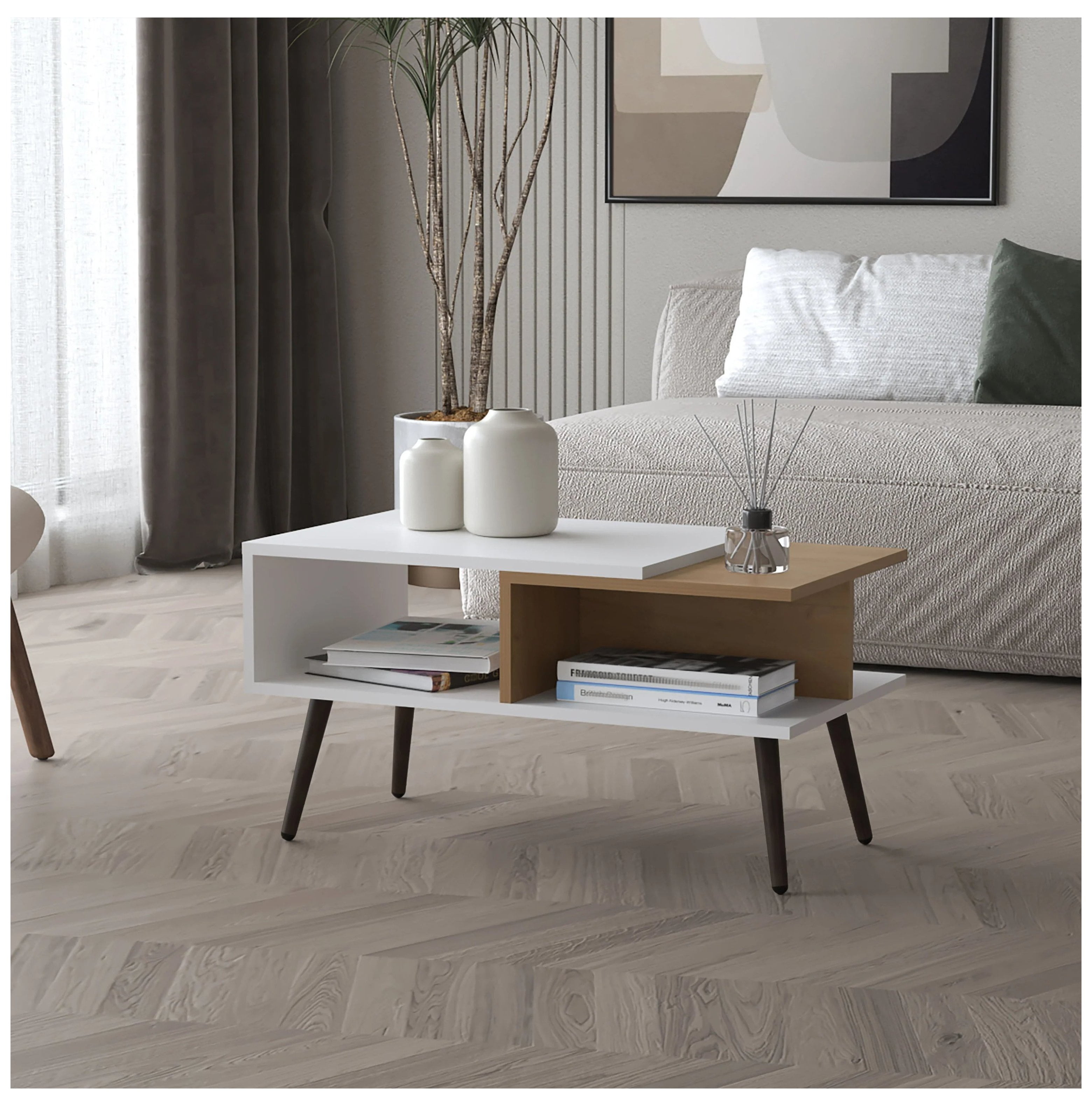 White and Natural Oak Coffee Table with Storage - Modern Living Room ...