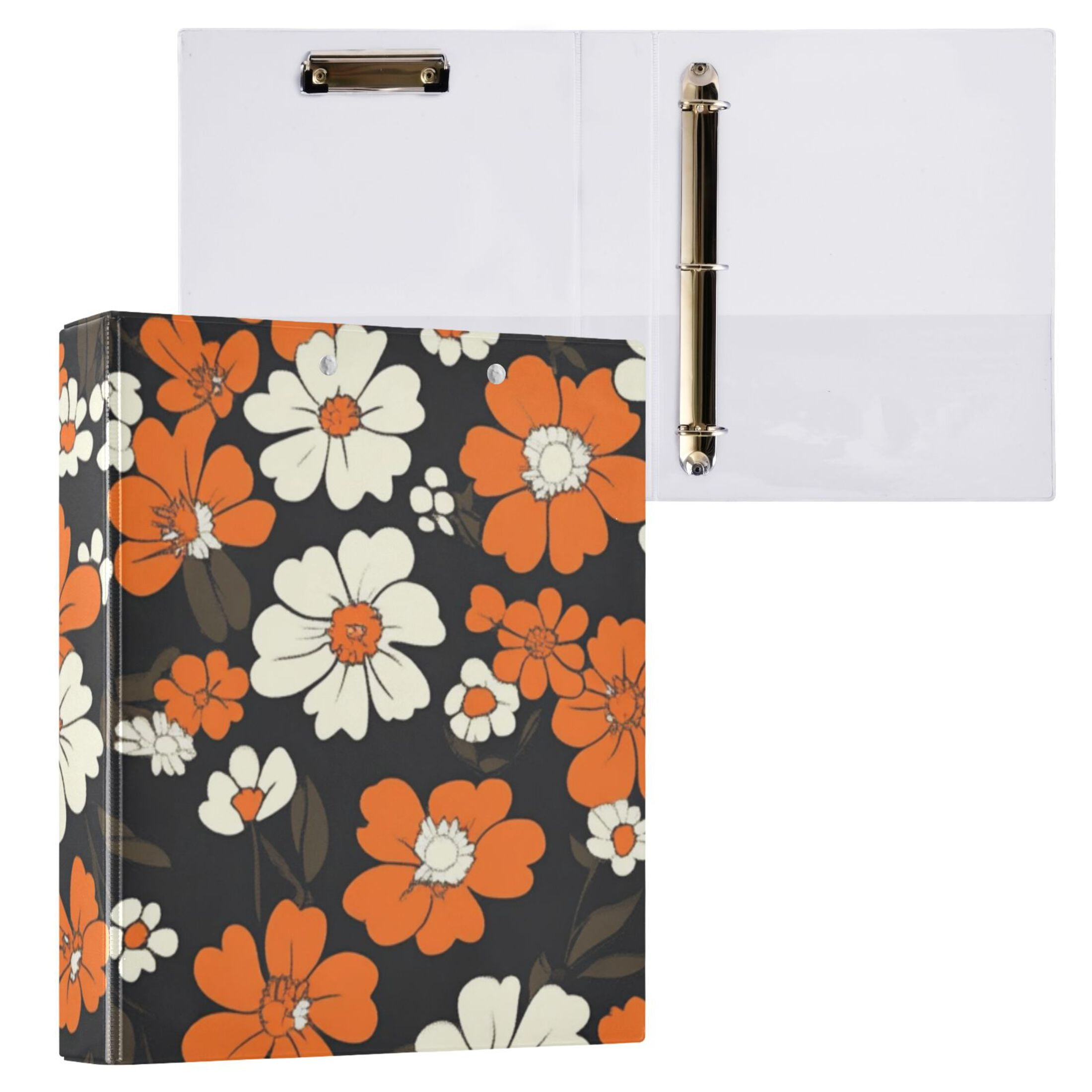 White and Orange Daisy Flowers Round Ring Binder 3 Rings 1.5" Capacity ...