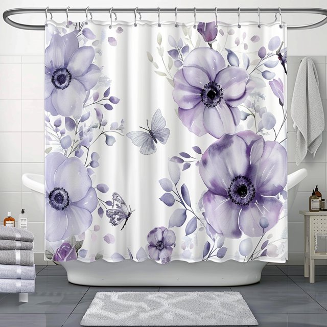 White And Purple Floral Butterfly Shower Curtain With Watercolor