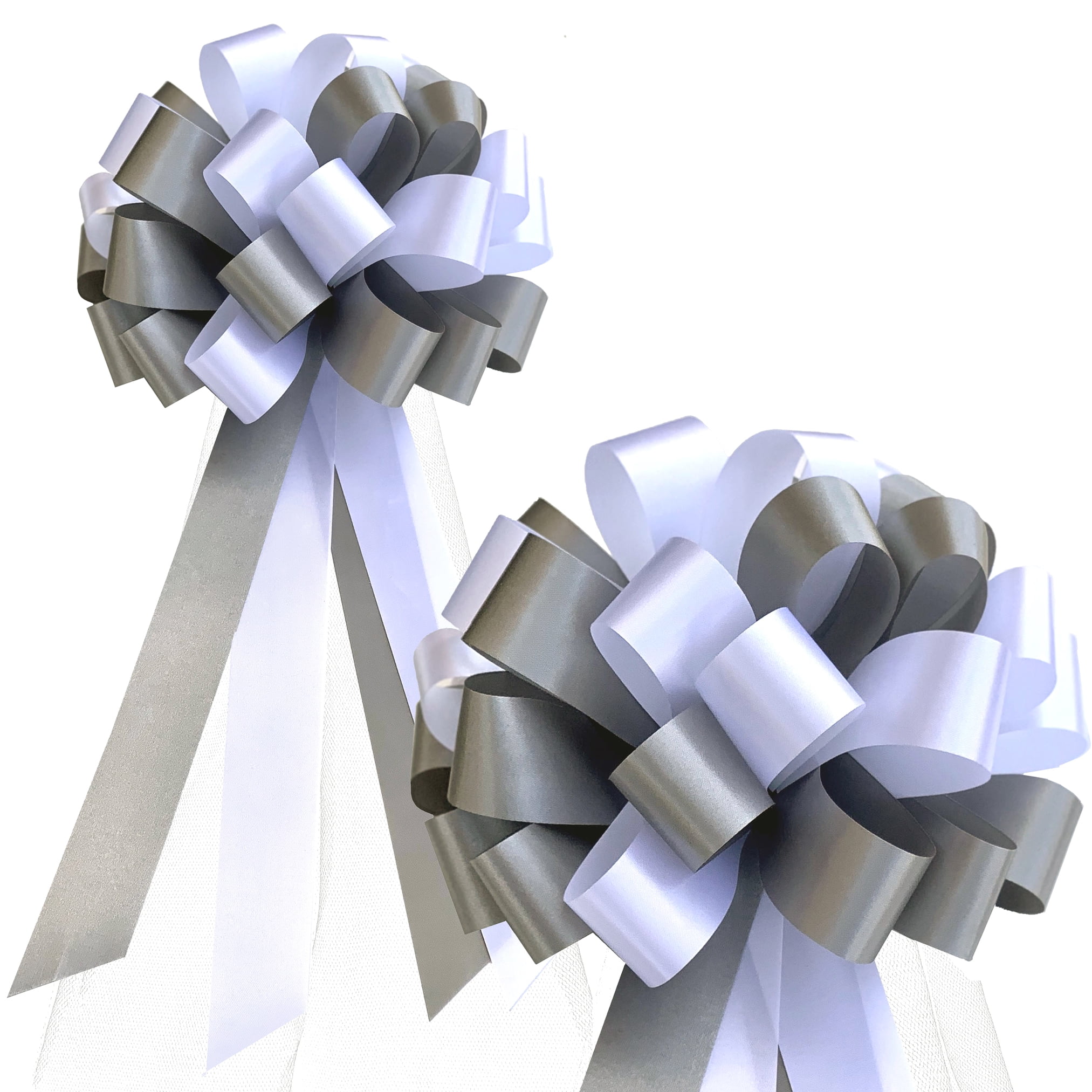White and Silver Pull Bows with Tulle Tails - 8" Wide, Set of 6 ...
