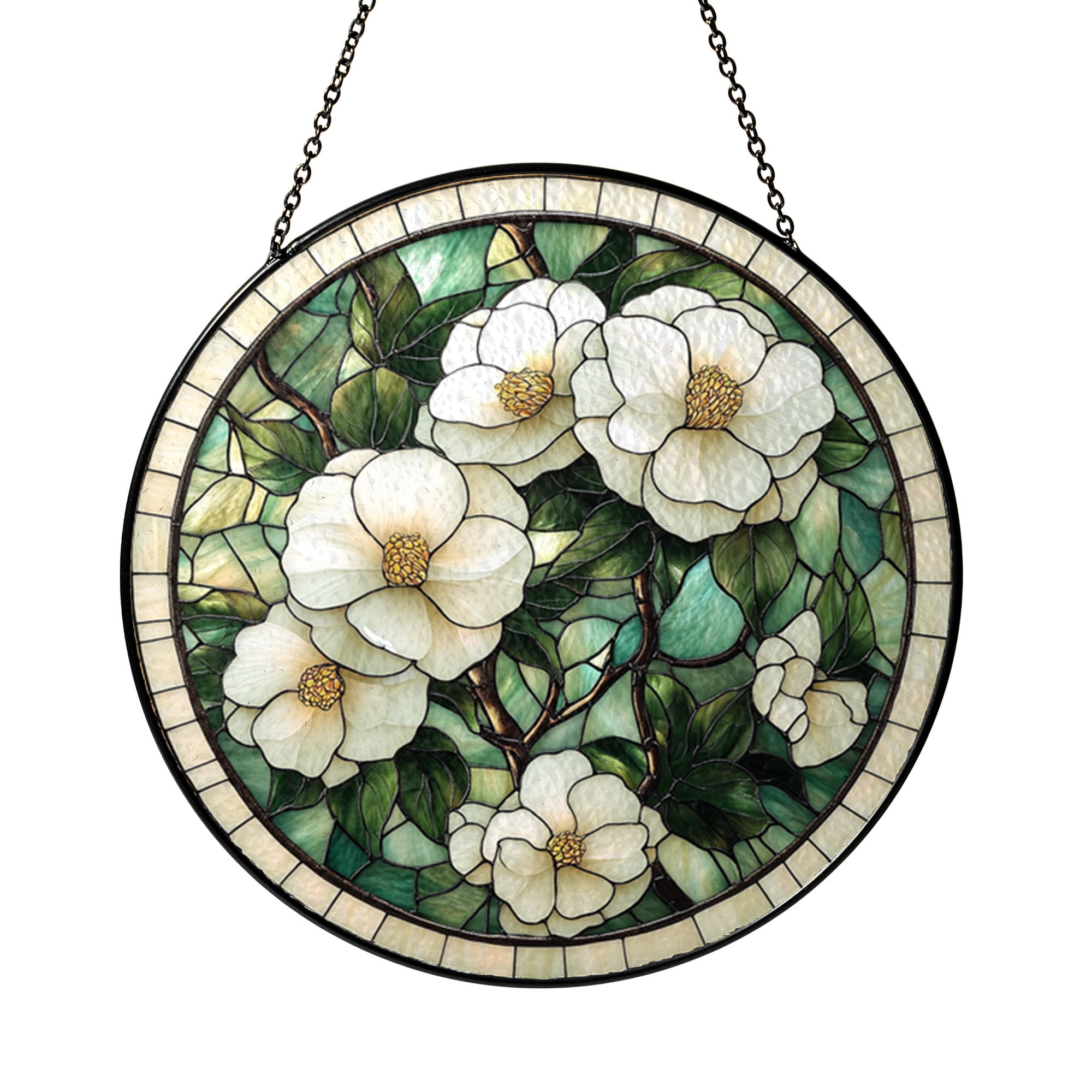 White and Yellow Floral Round Suncatcher – Stained Glass Style Window ...