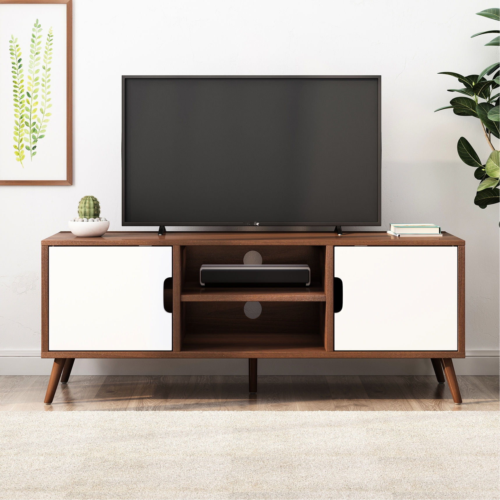 White and walnut wood TV stand / Assembly - required console for TV ...