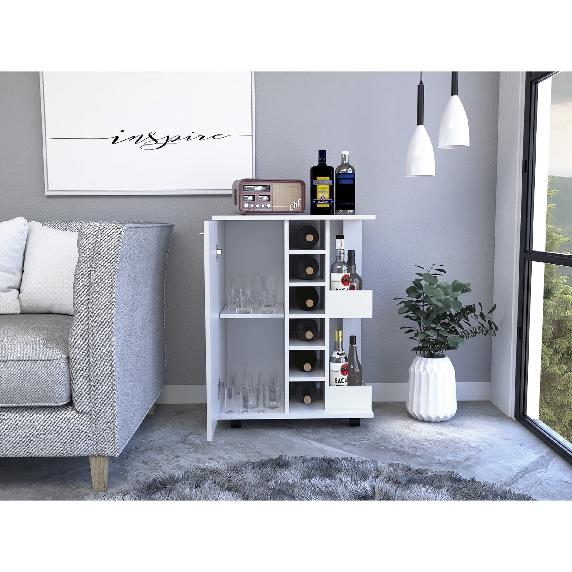 White bar cart with lockable casters six open bottle cubbies and one ...