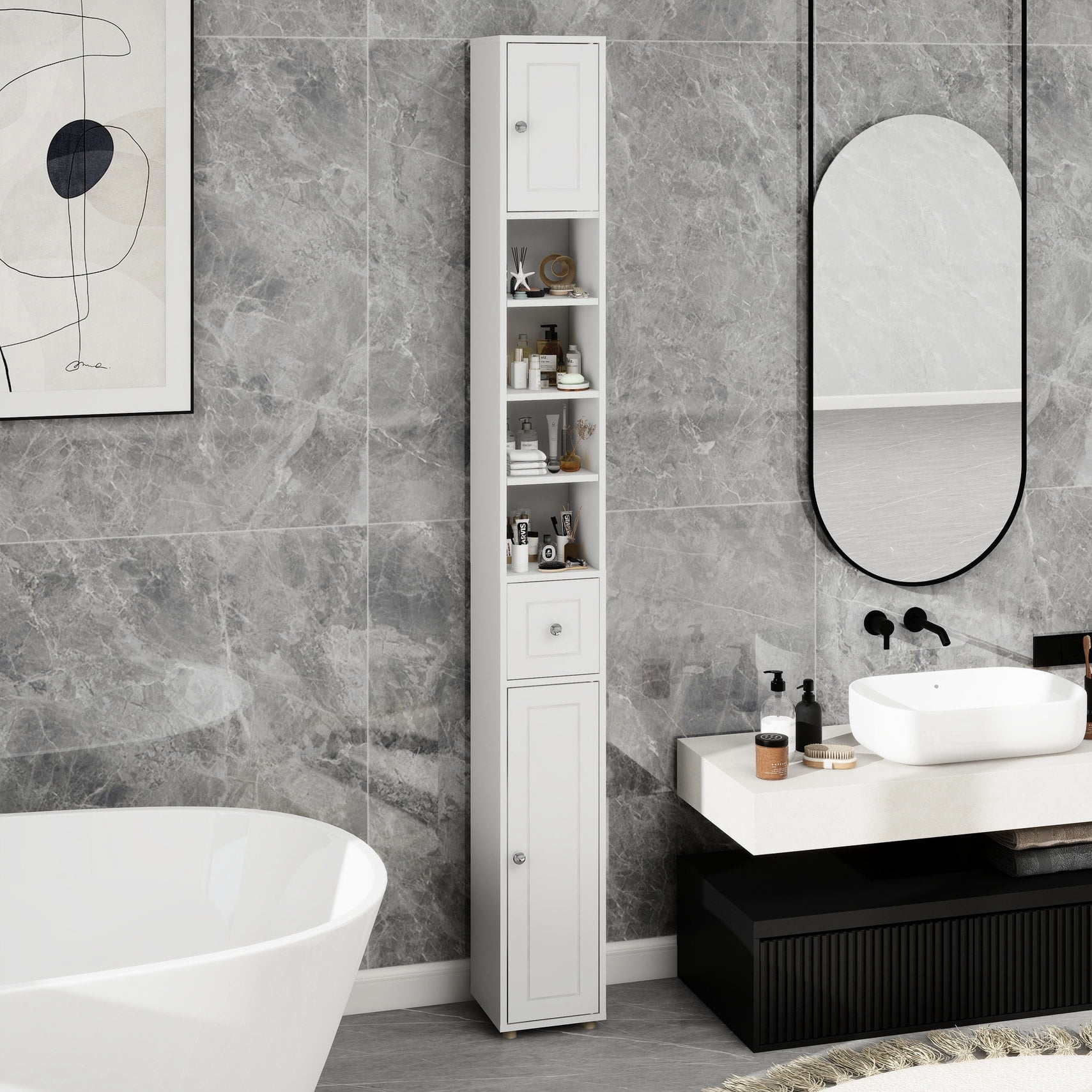 White bathroom organizer with adjustable shelving - Keep items ...