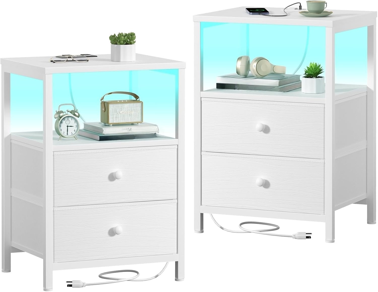 White bedside table set, modern and minimalist design, includes 2 ...