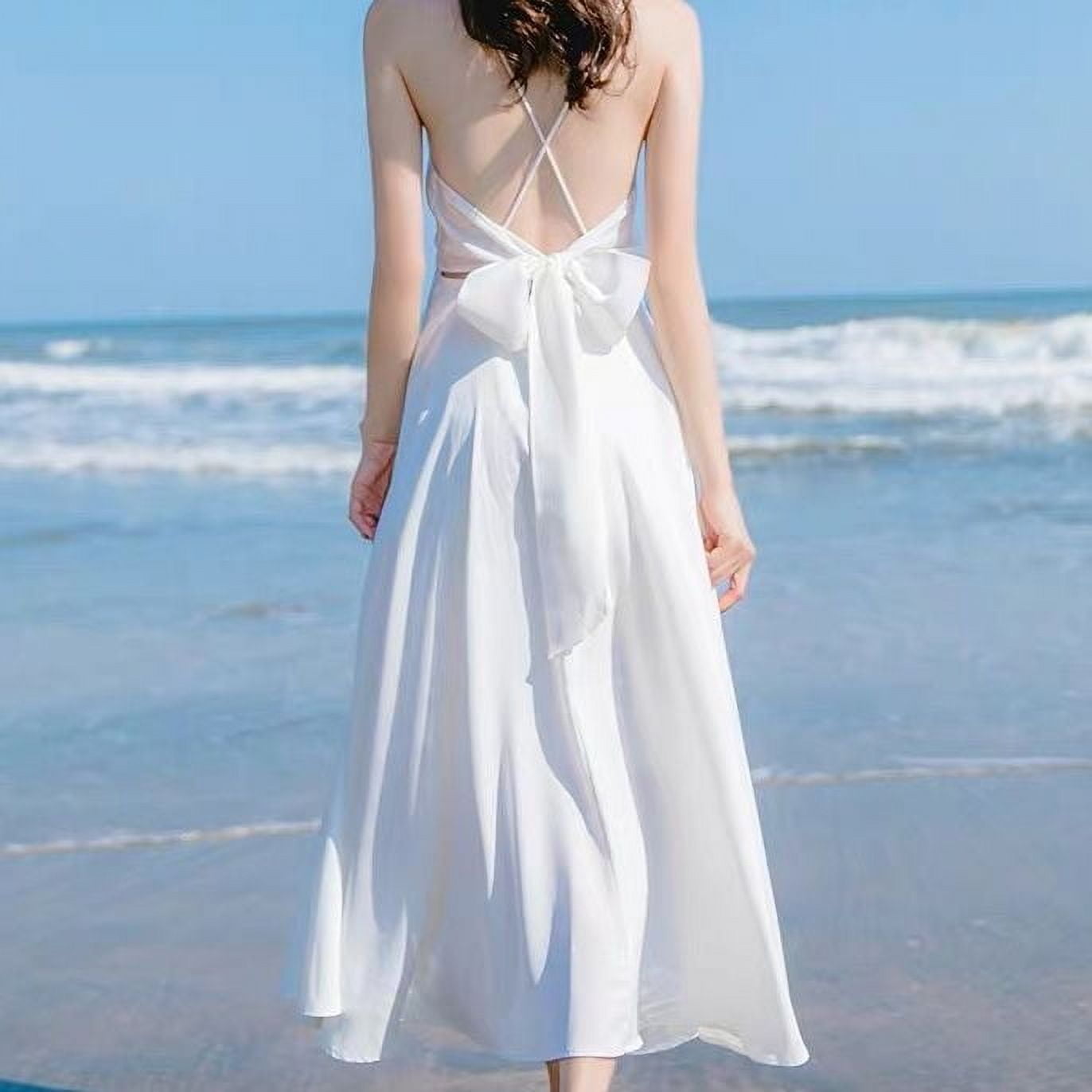 White chiffon dress sweet beauty summer long dress suspenders halter ...
