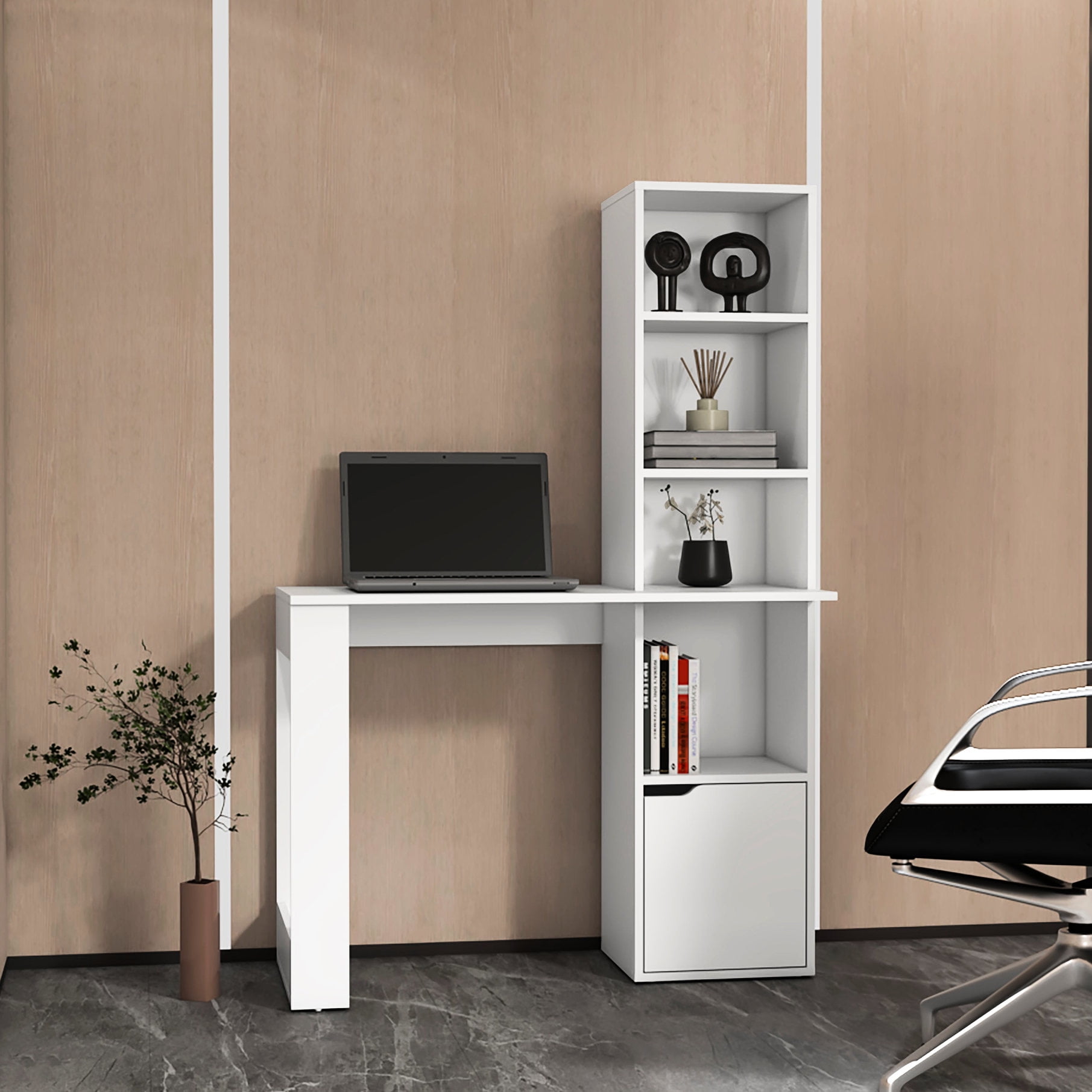 White computer desk with 4 - tier open shelving and single - door unit ...