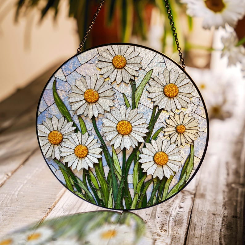 White daisy flower field stained glass suncatcher round window panel ...