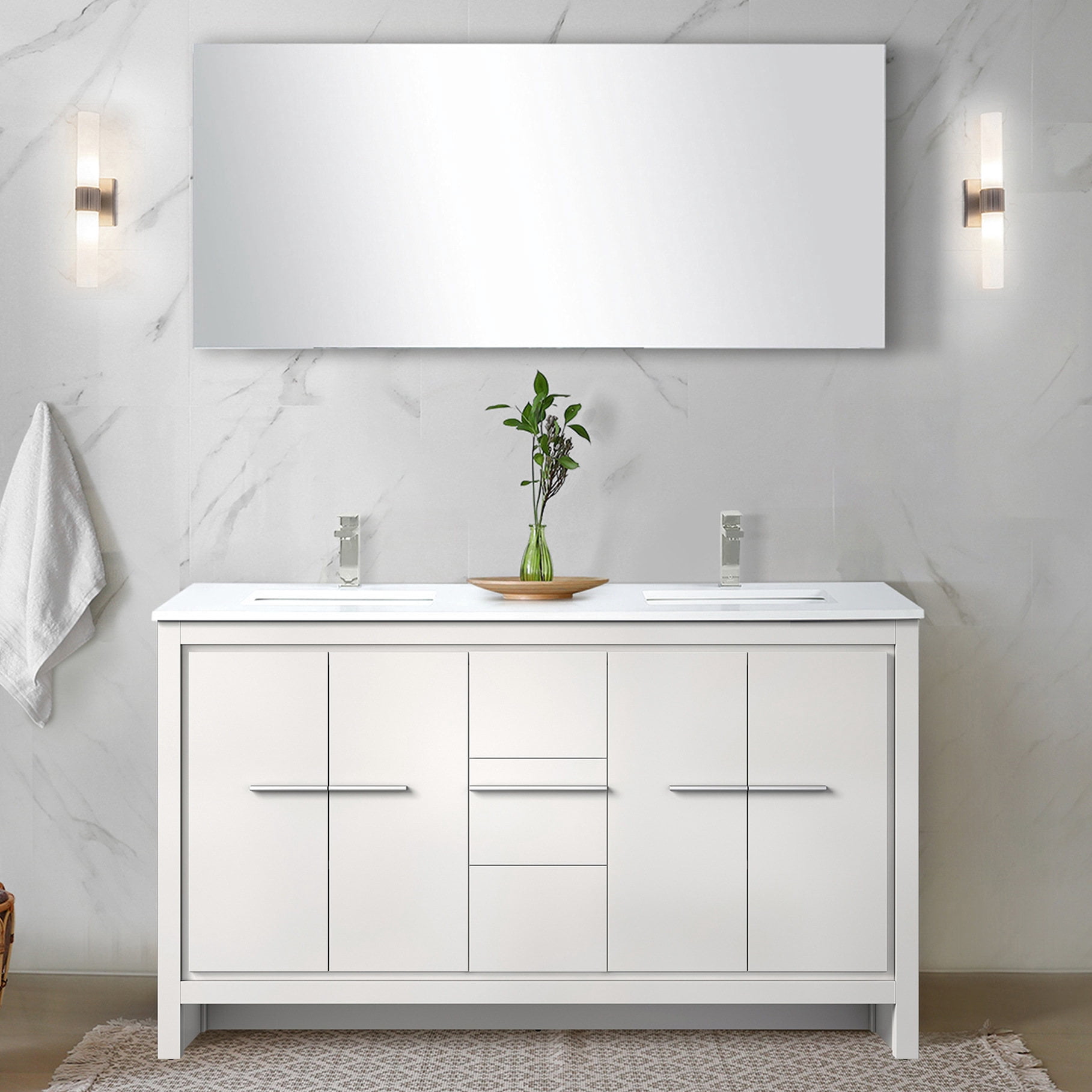 White double bath vanity with marble top and mirror | Great for newly ...
