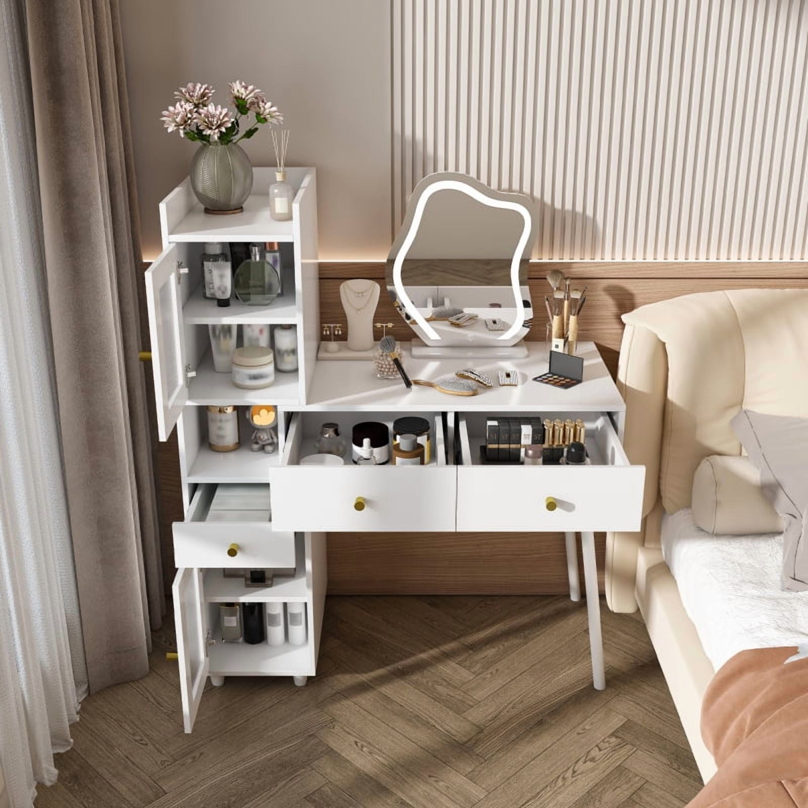 White dressing table, mirror and LED light, 5-drawer dressing table ...