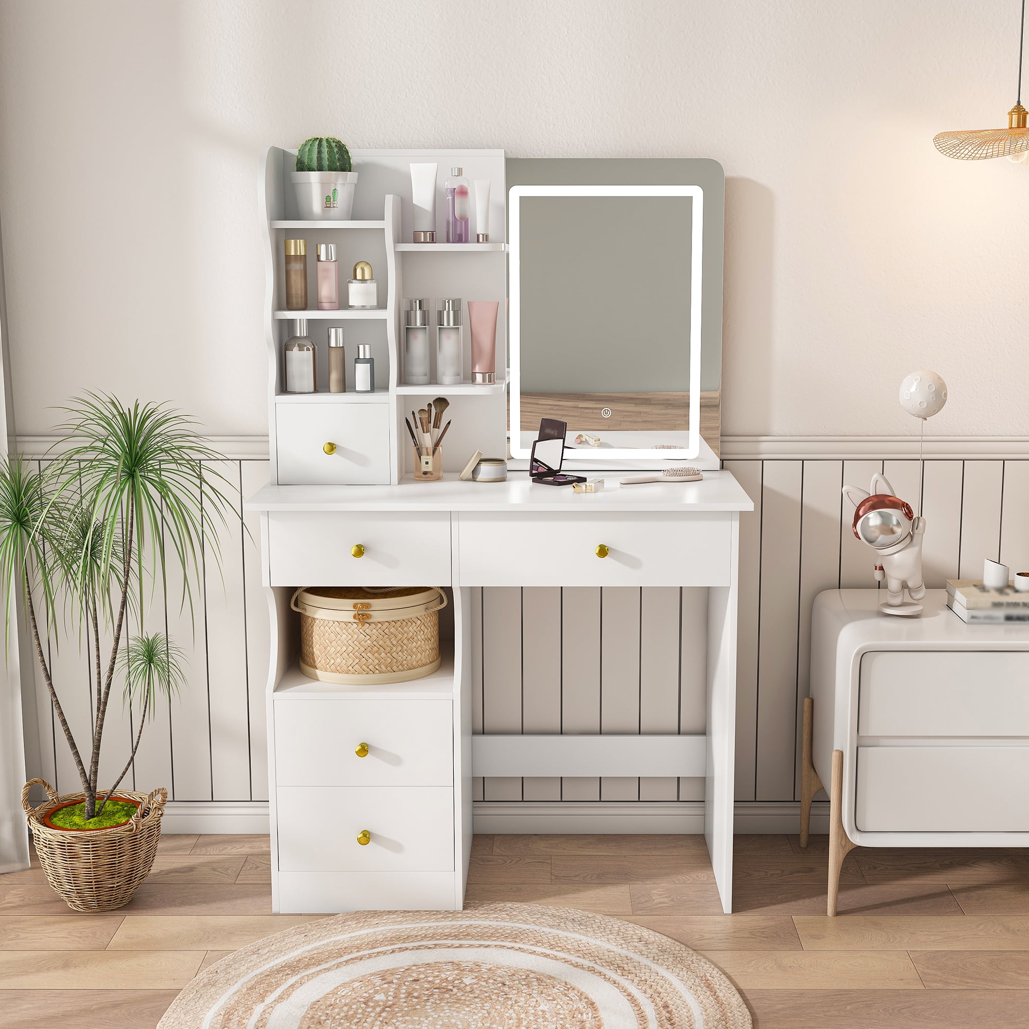 White dressing table, mirror and LED light, 5-drawer dressing table, movable and hidden mirror ...