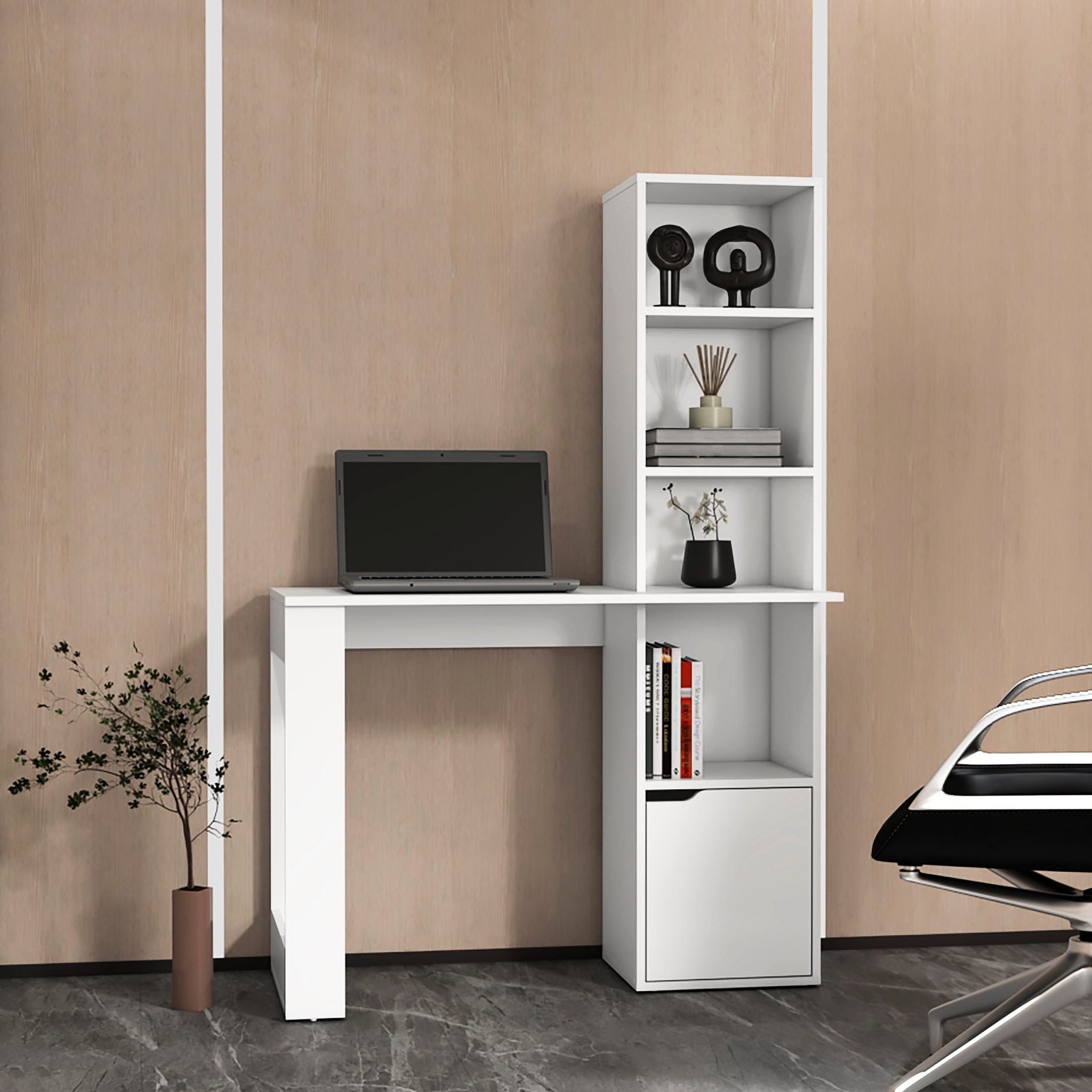 White engineered wood desk with integrated 4 - tier open bookcase and ...
