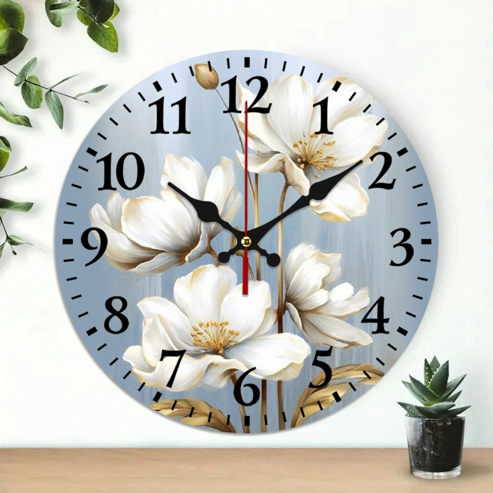 White flowers Round Wooden Wall Clock, Wall Decor for Linving Room 10 ...
