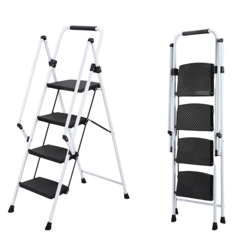 White four-step ladder, light folding four-step stool, wide anti-skid ...