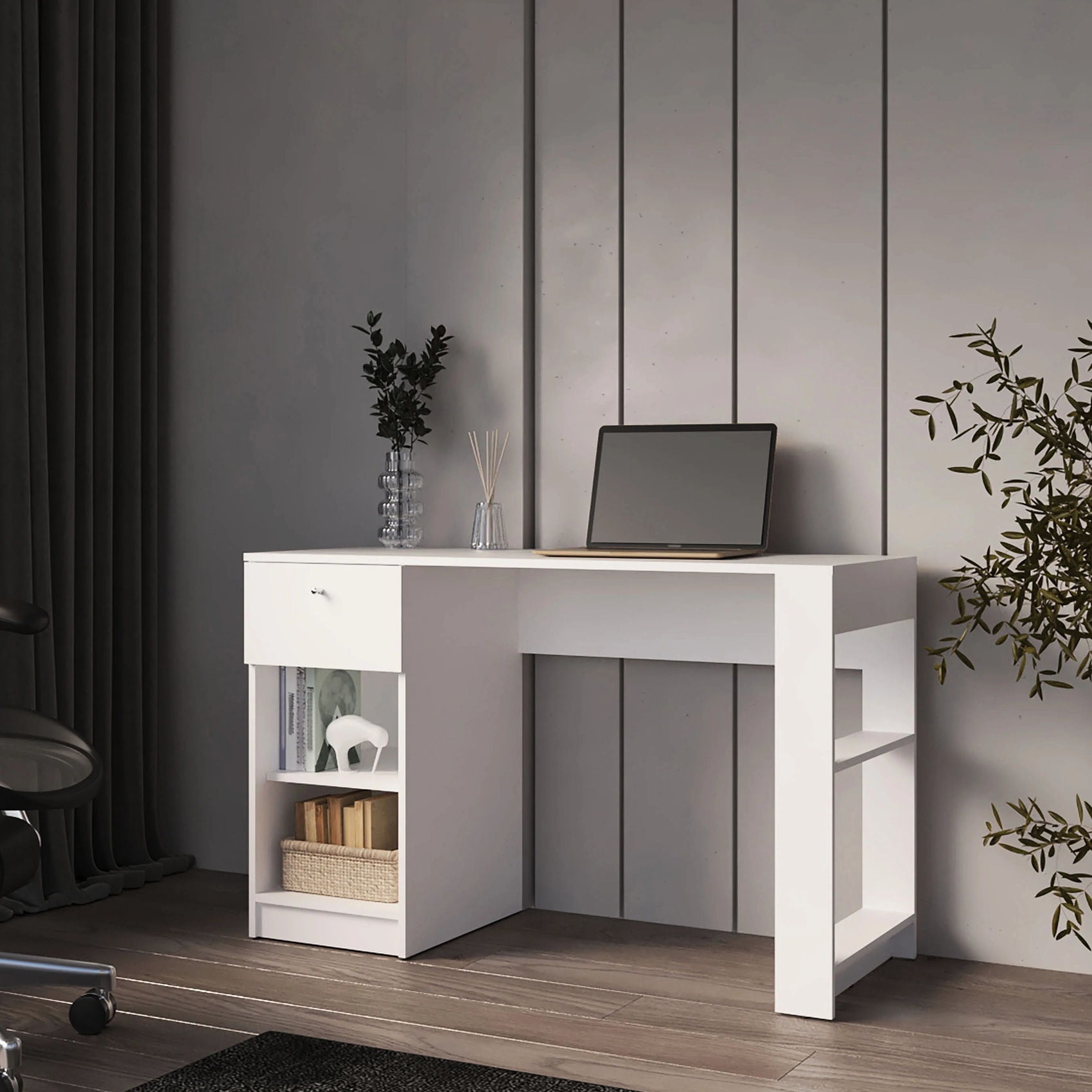 White freestanding desk for office / Provides practical storage ...