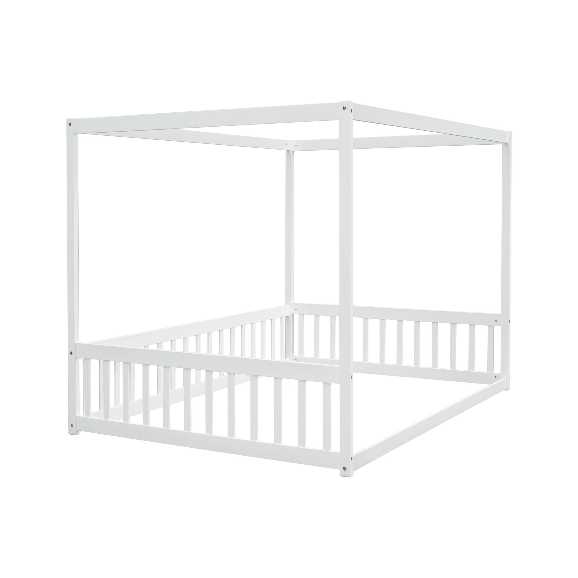 White full - size canopy frame made of pine / Floor bed with fence for ...