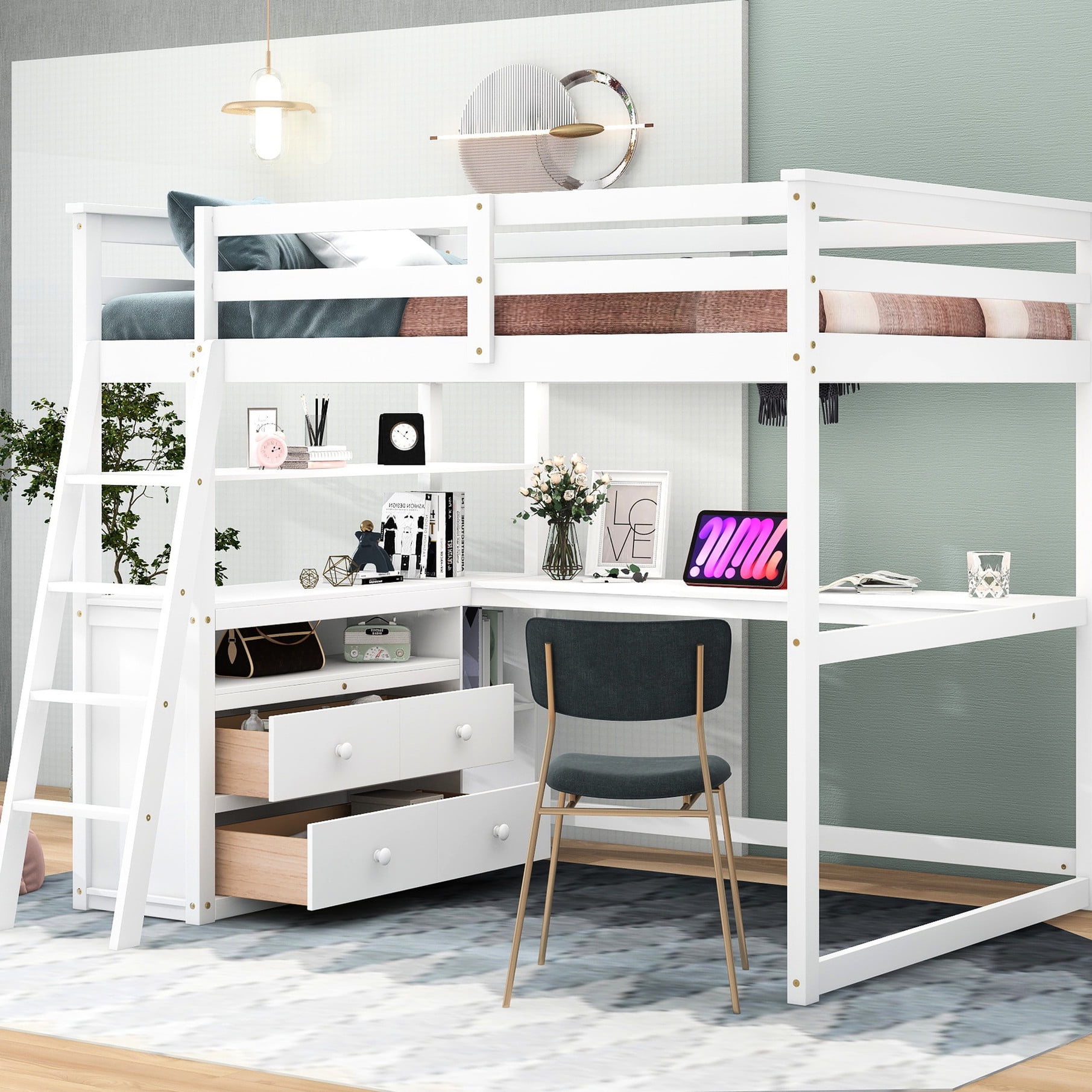 White full size loft bed with built - in desk shelves and storage ...