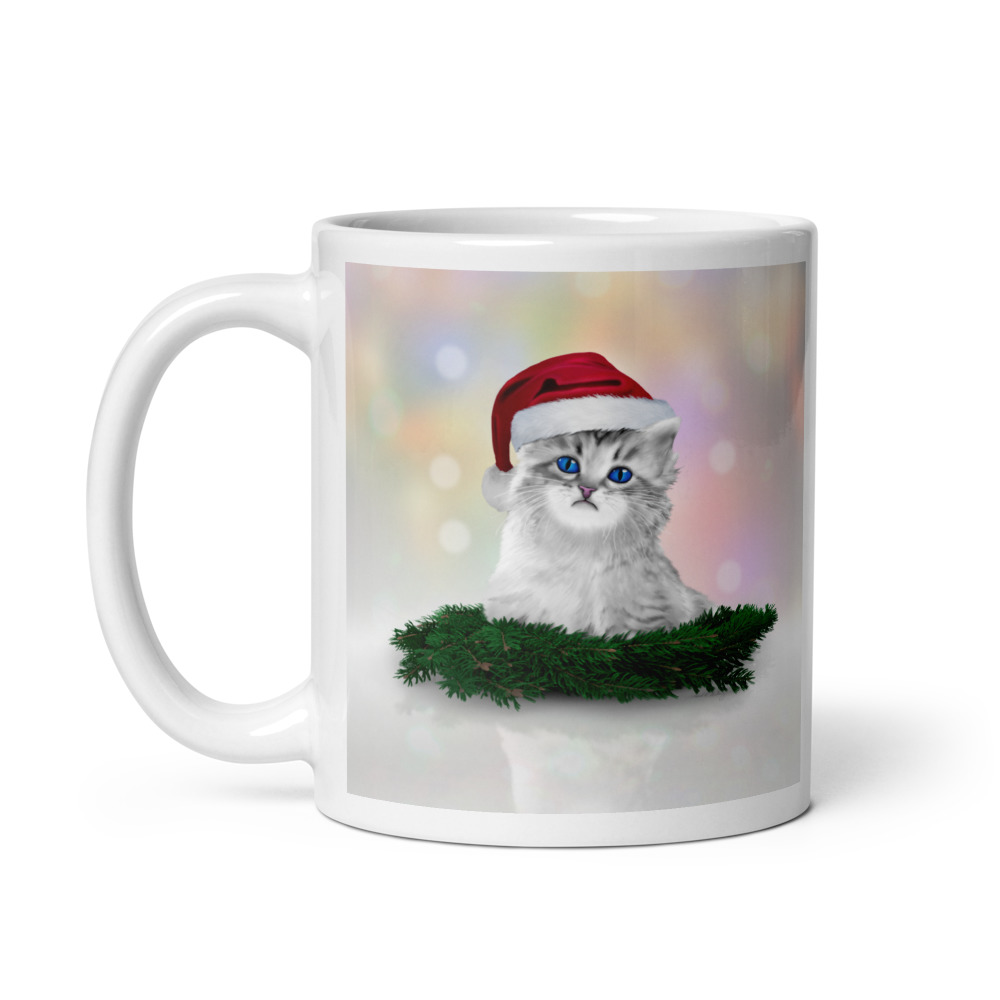 White Glossy Ceramic Mug (11oz) | Christmas Kitten | Mark Hailey Art ...